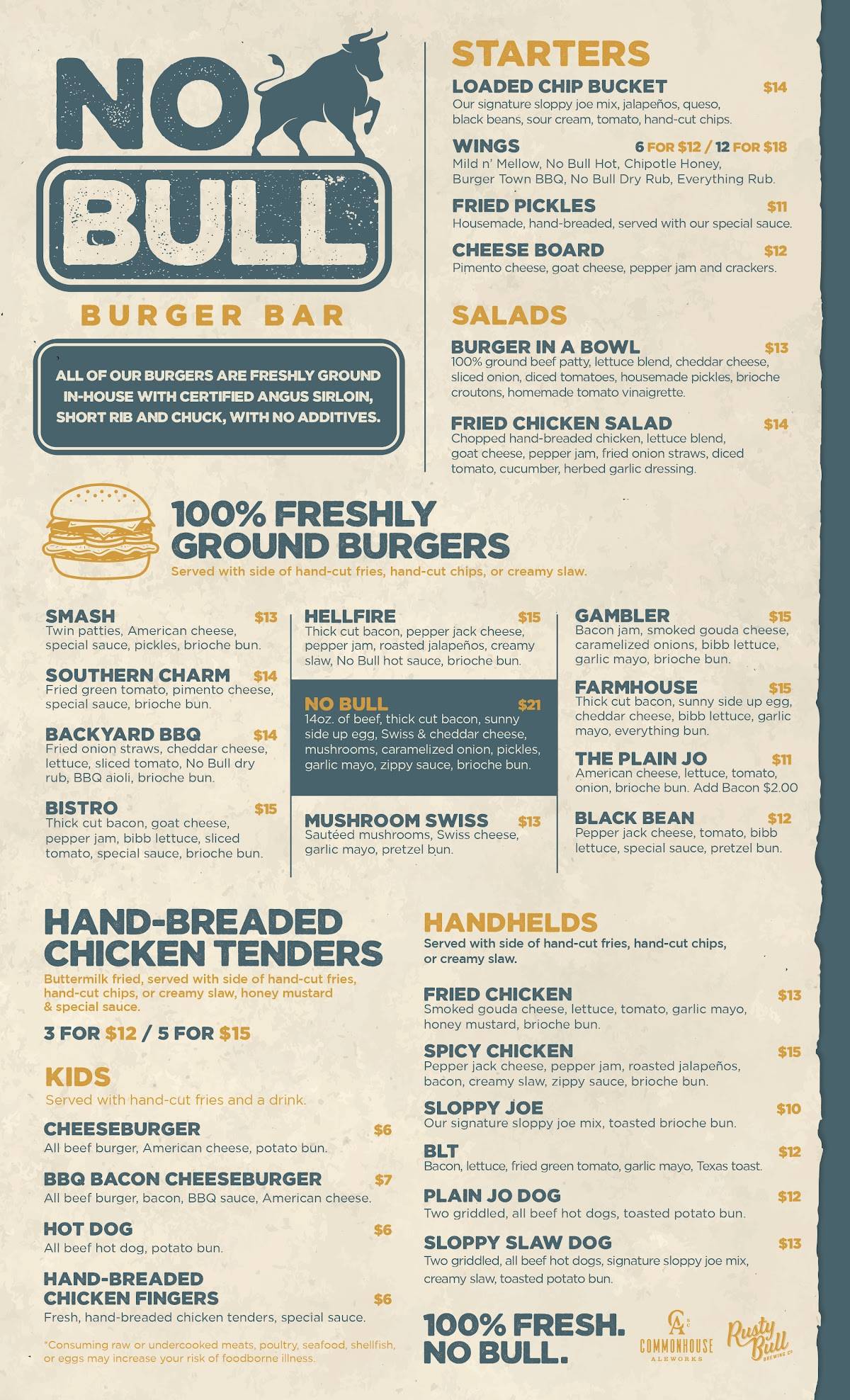 Menu at No Bull Burger Bar, Charleston