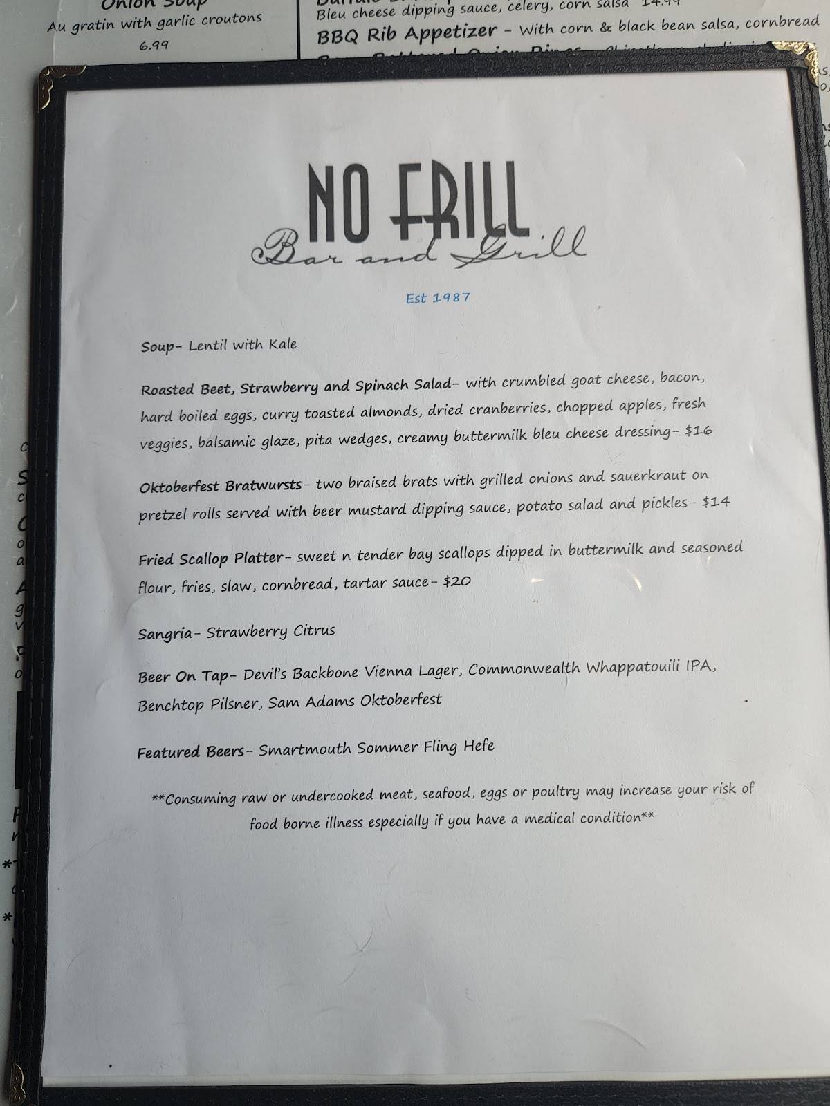 Menu at No Frill Bar And Grill, Norfolk, 806 Spotswood Ave