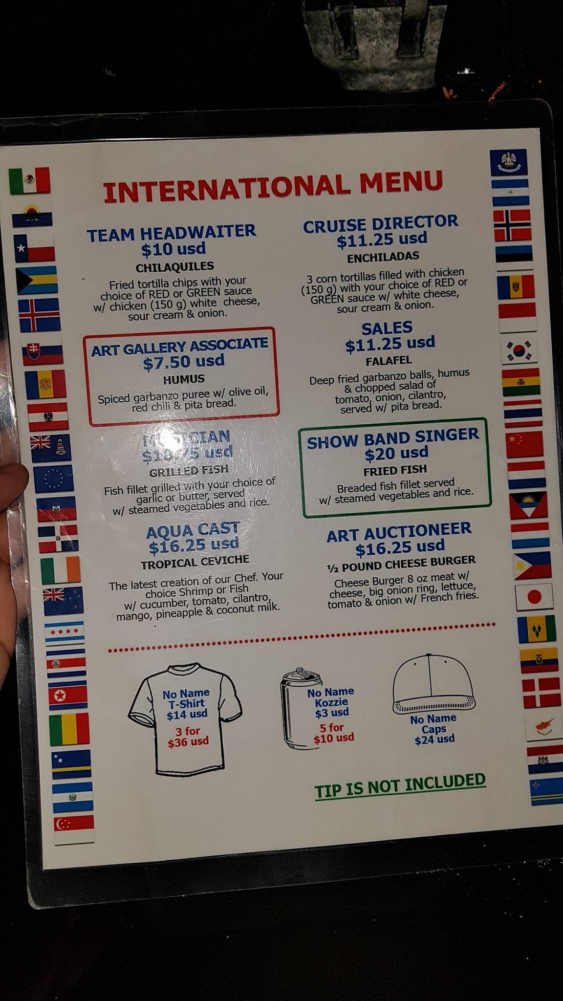 Menu at No Name Bar, San Miguel de Cozumel