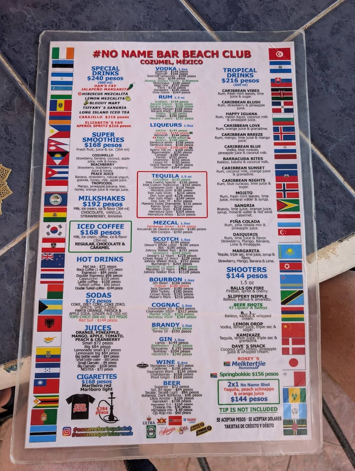 Menu at No Name Bar, San Miguel de Cozumel