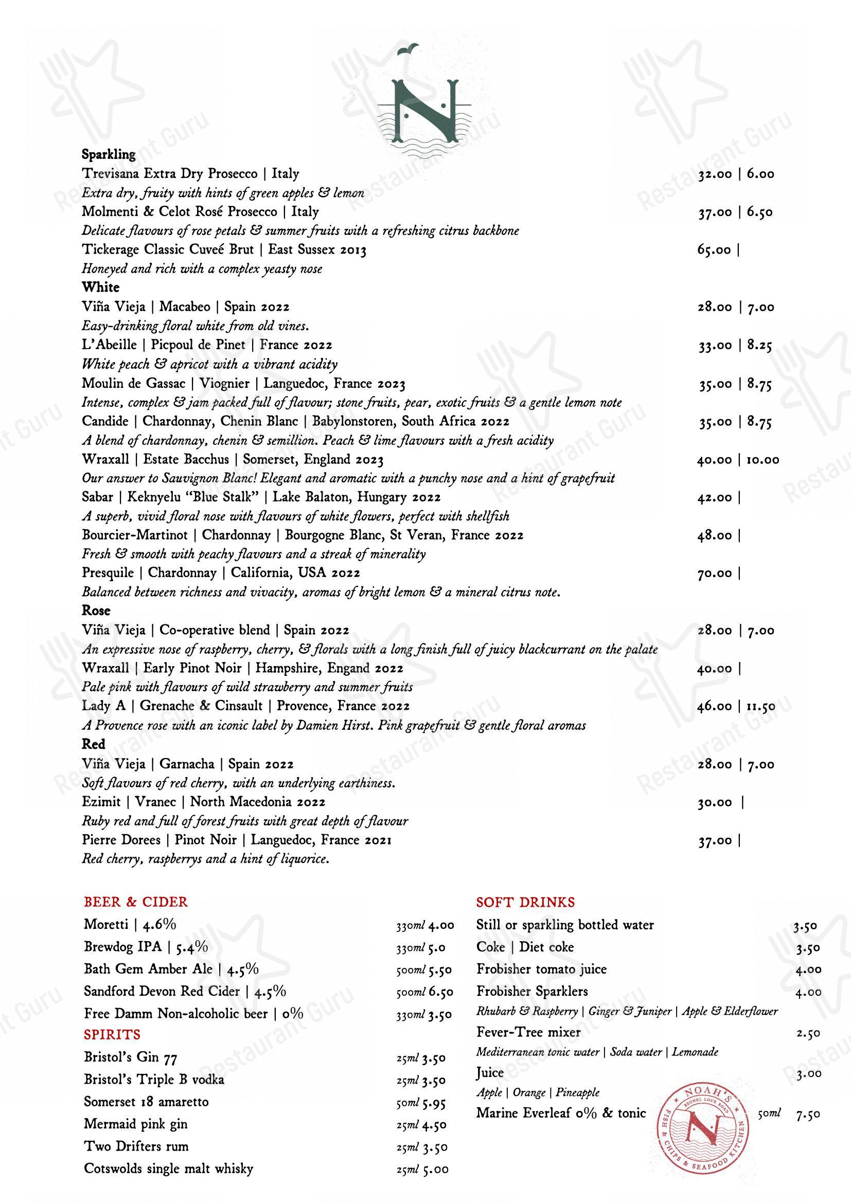 Menu at Noah's restaurant, Bristol