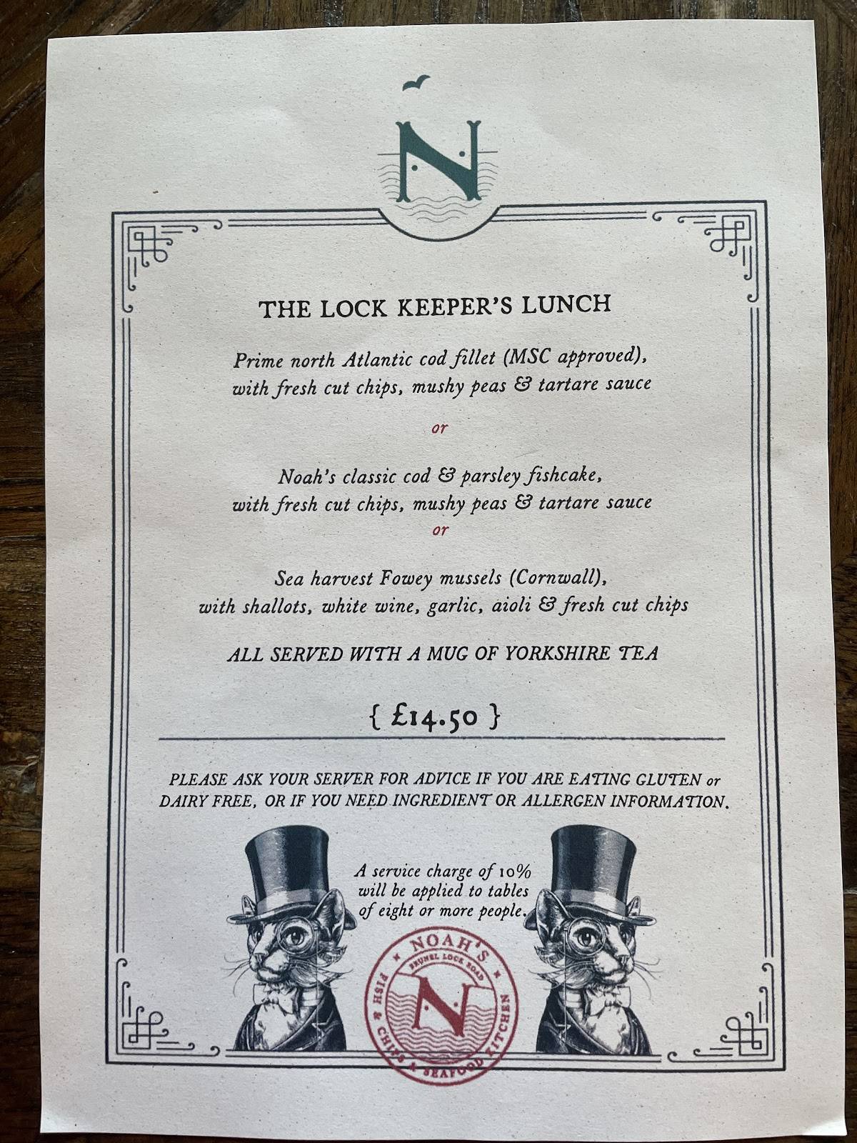 Menu at Noah's restaurant, Bristol