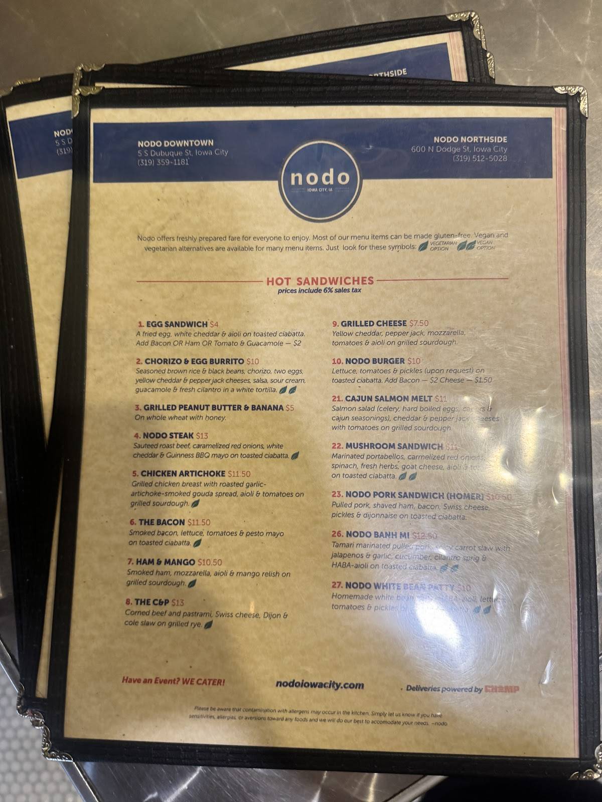 Carta del restaurante Nodo Downtown, Iowa City, 5 S Dubuque St