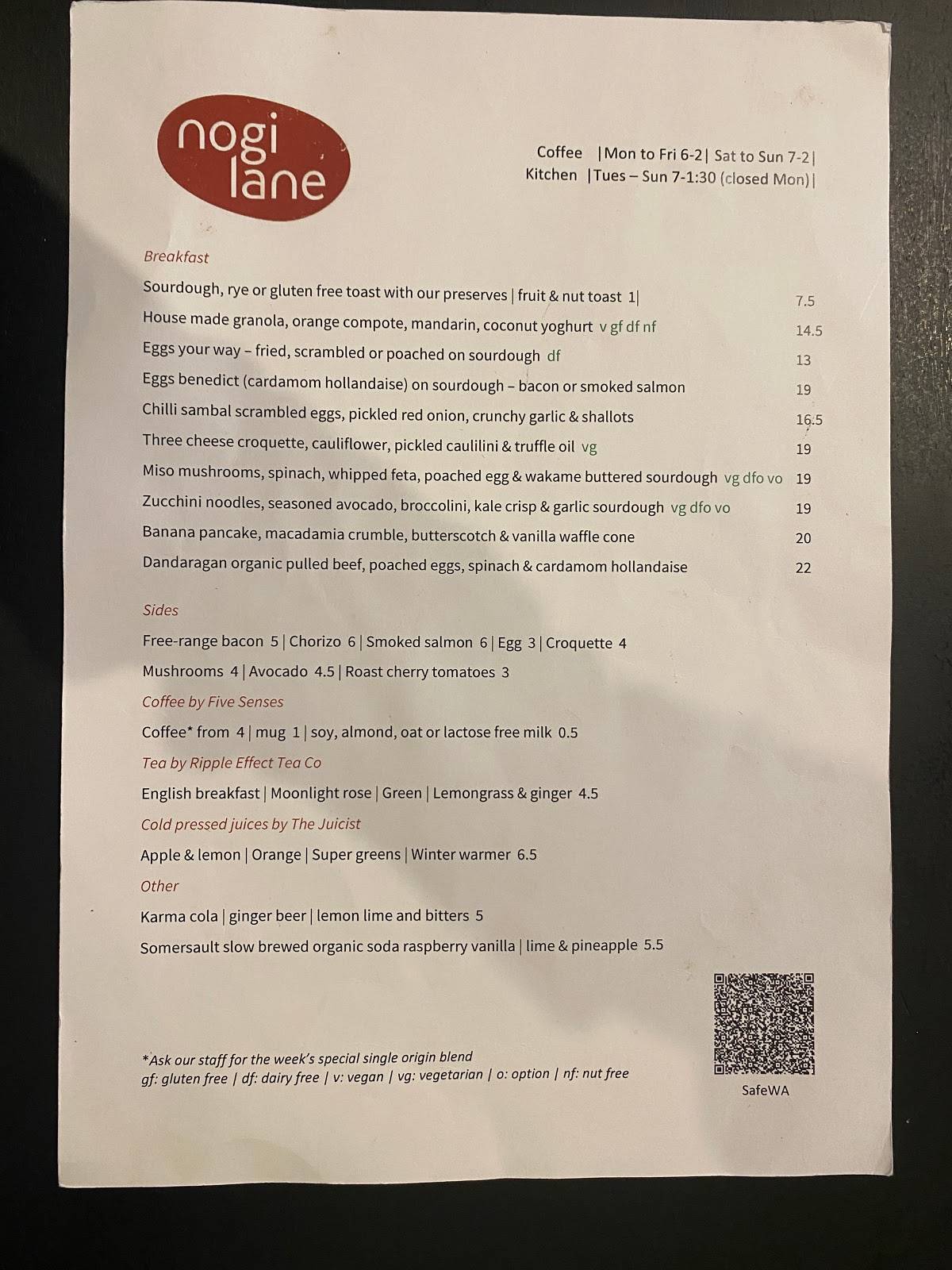 Menu at Nogi Lane cafe, Dianella