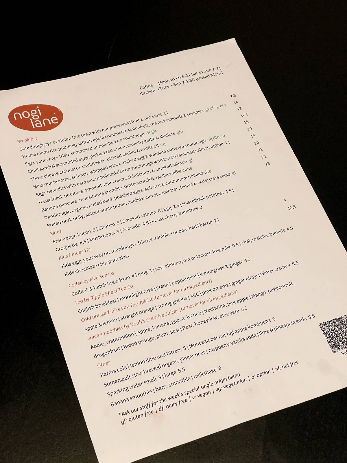 Menu at Nogi Lane cafe, Dianella