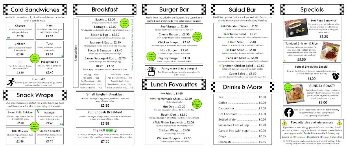 Menu at Nom cafe, Bilston