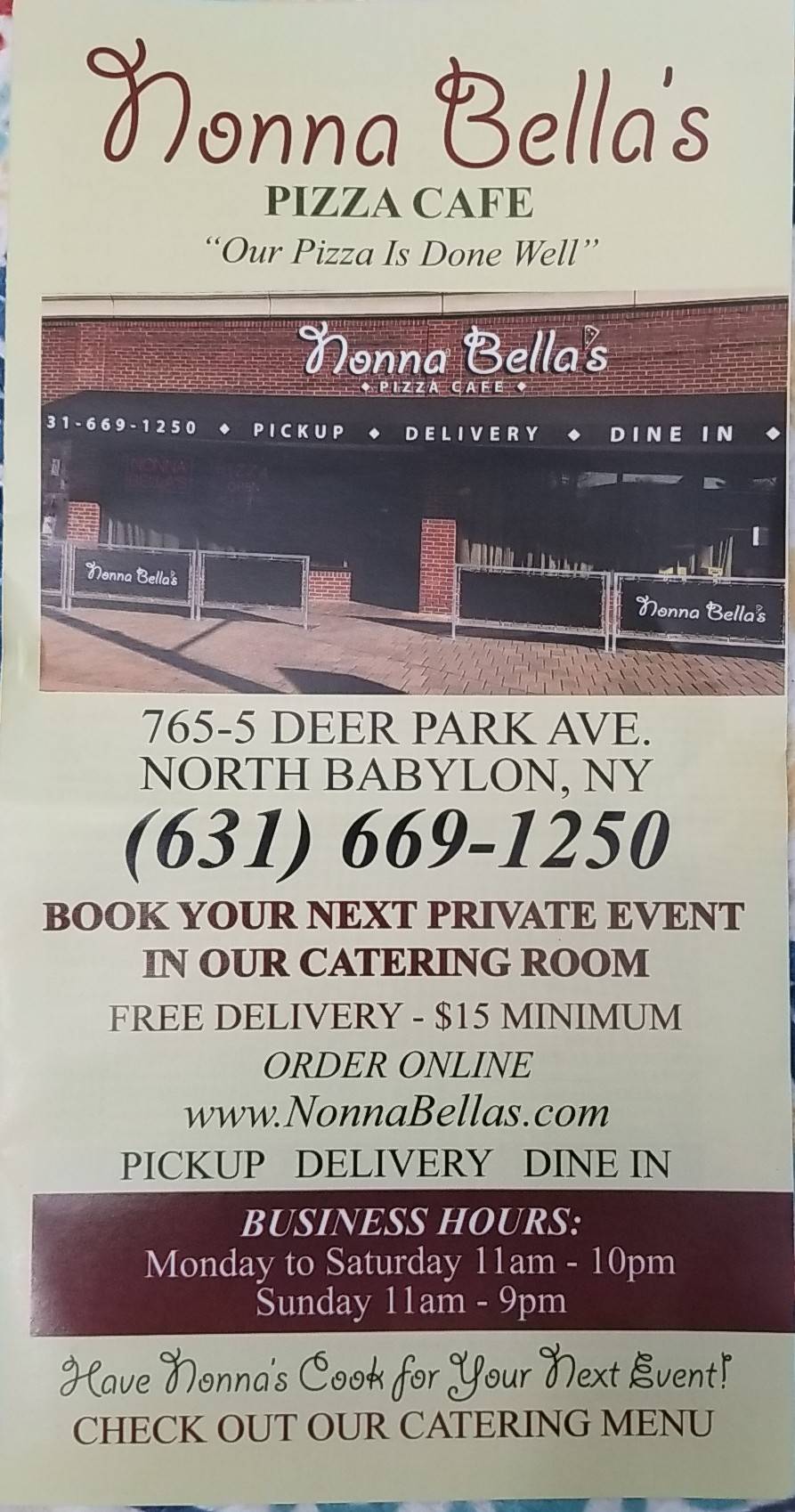 Menu at Nonna Bella's pizzeria, North Babylon