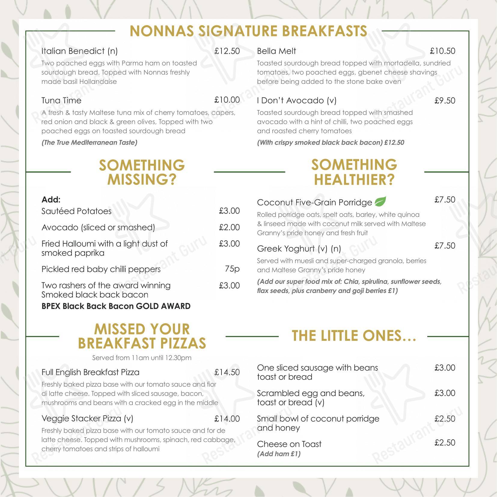 Menu at Nonna's restaurant, Woburn Sands
