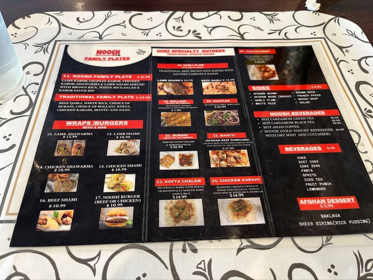 Menu at Noosh Afghan Cuisine restaurant, Lansing