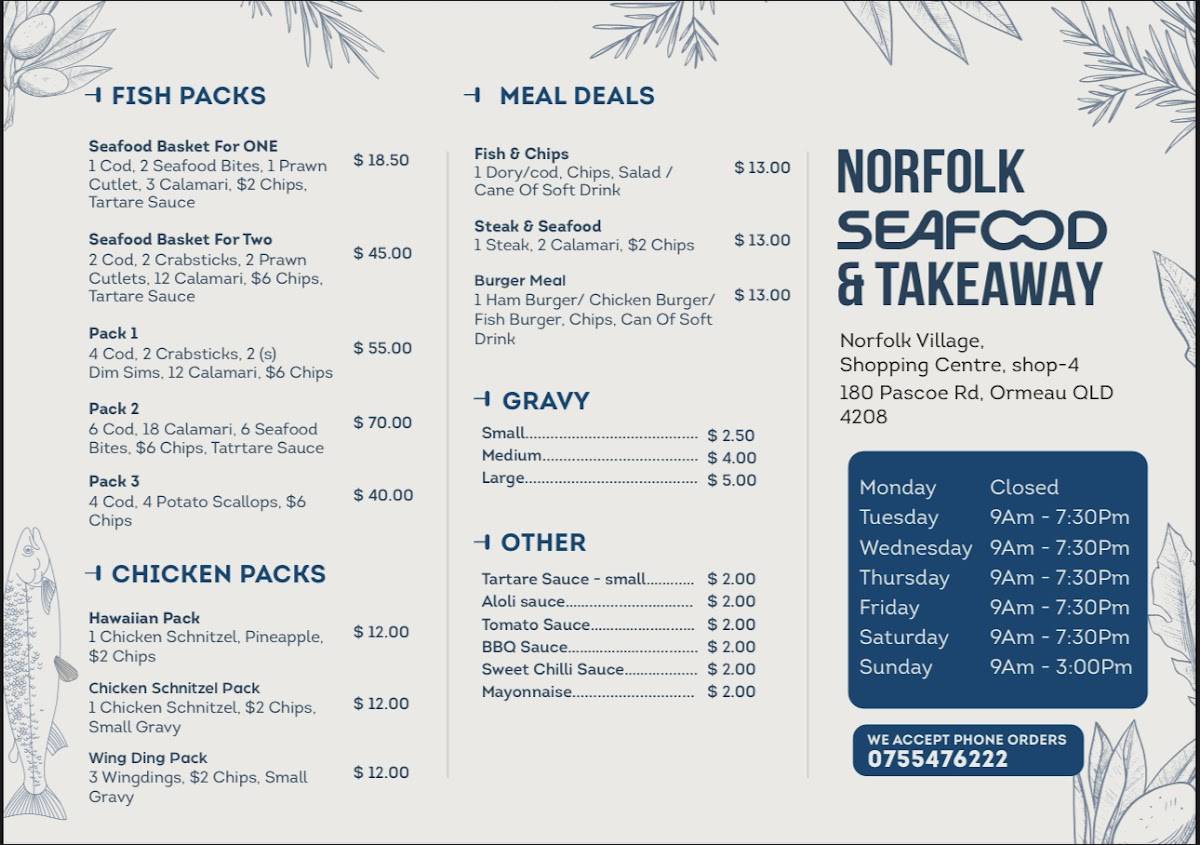 Menu at Norfolk Seafood & Takeaway restaurant, Ormeau