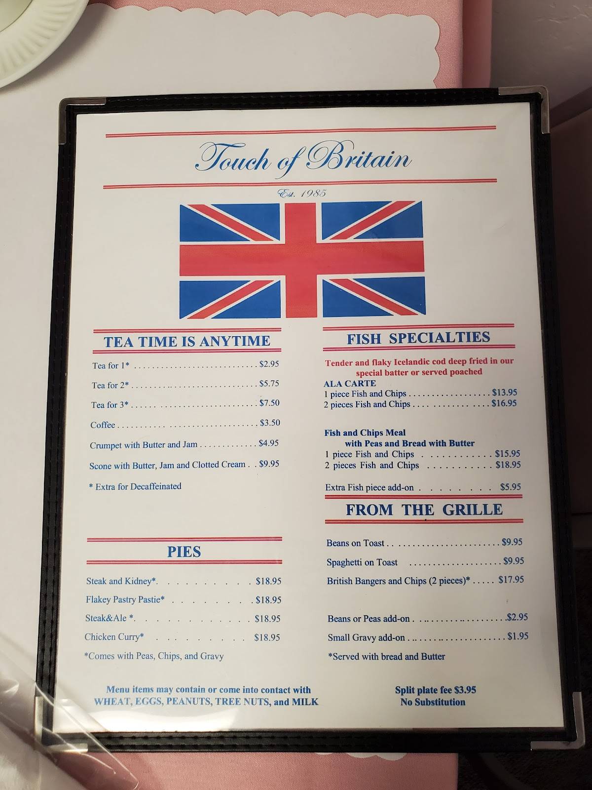 Menu at Touch of Britain restaurant, North Highlands