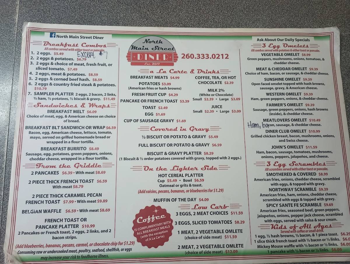 Menu at North Main Street Diner restaurant, Auburn