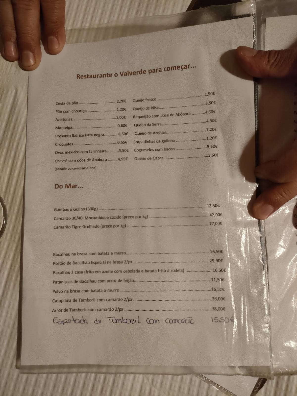 Menu em O Valverde restaurante, Arranhó
