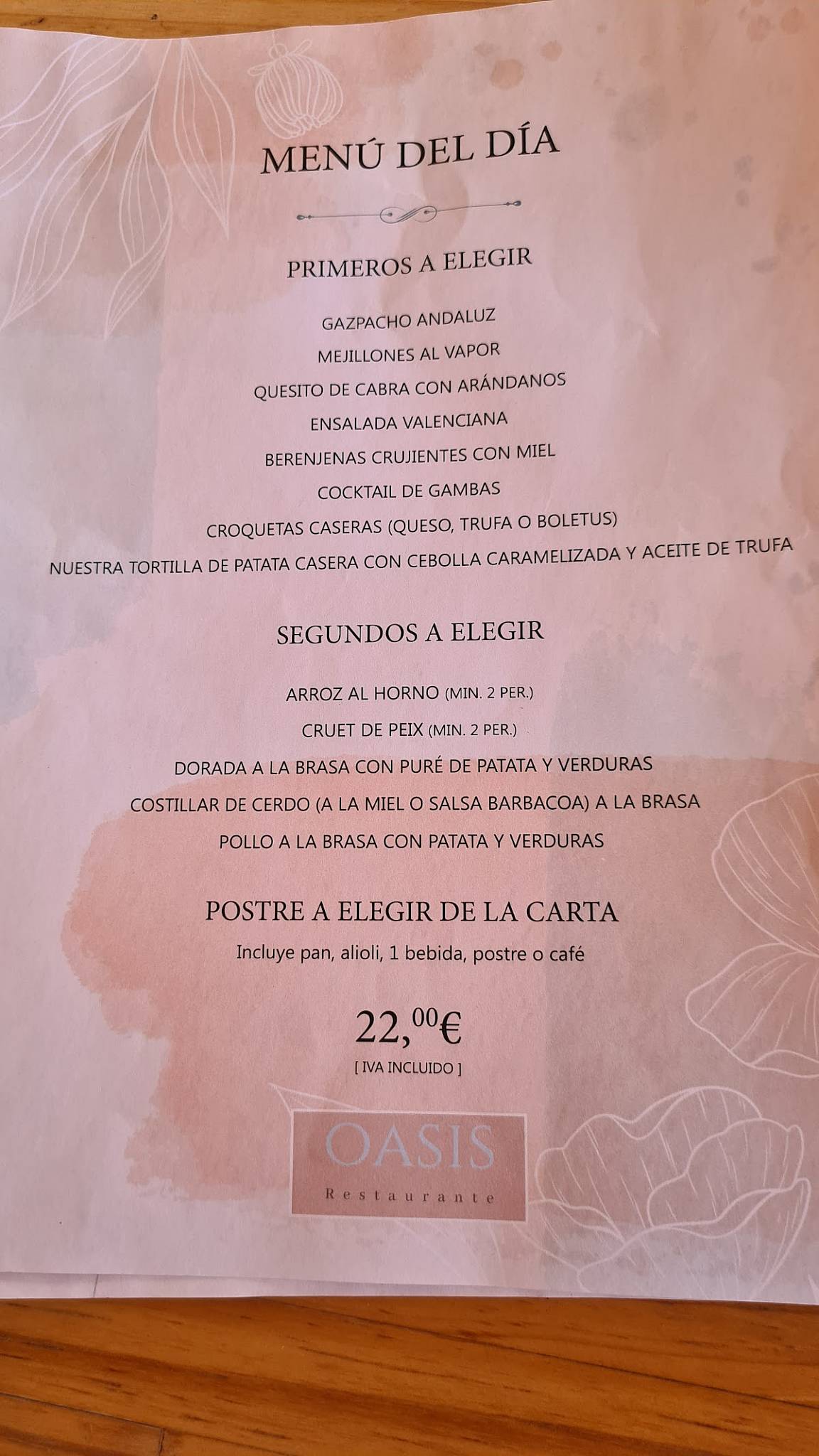Menu at Oasis Restaurante, Xàbia