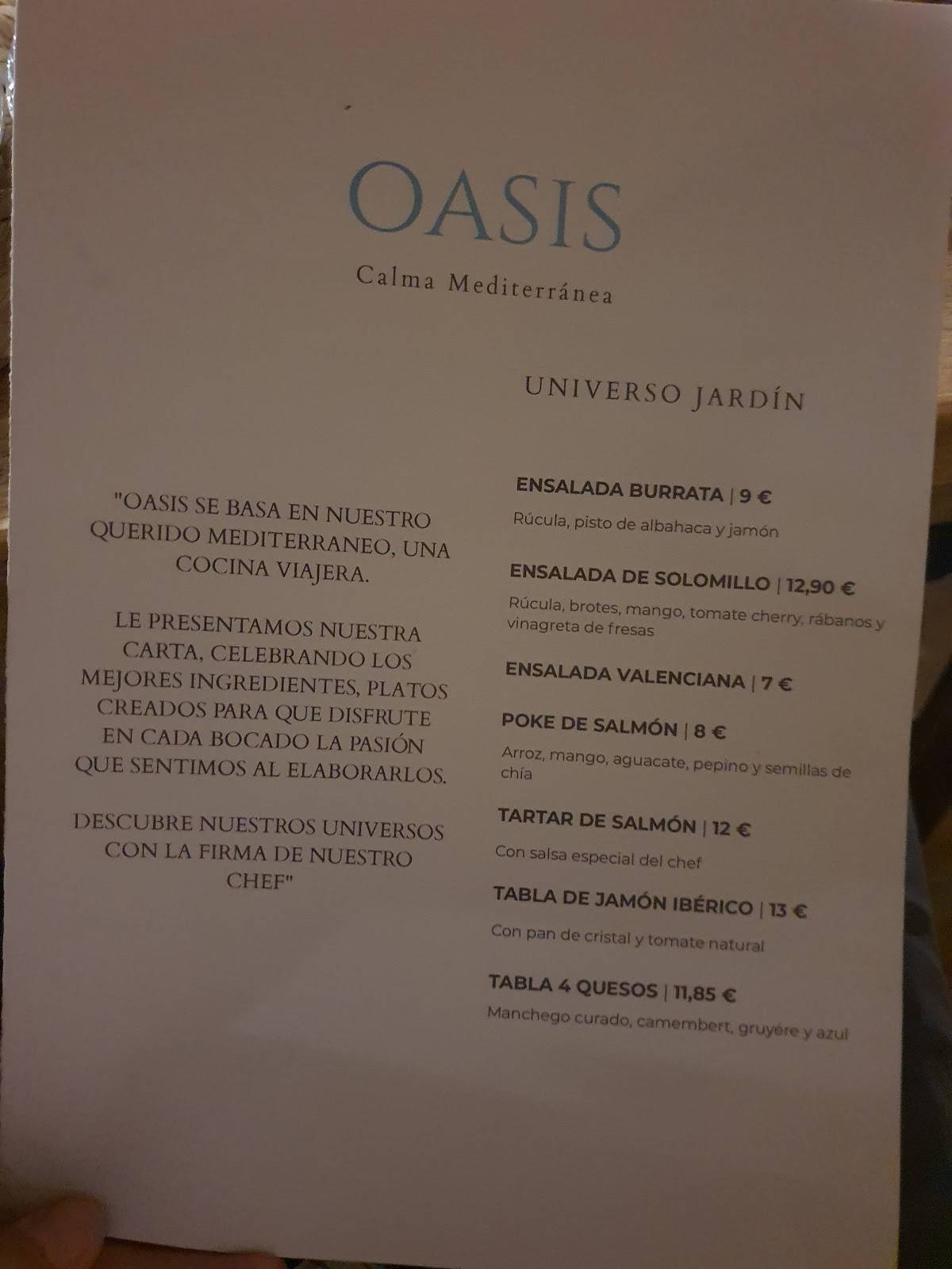 Carta de OASIS RESTAURANTE, Jávea