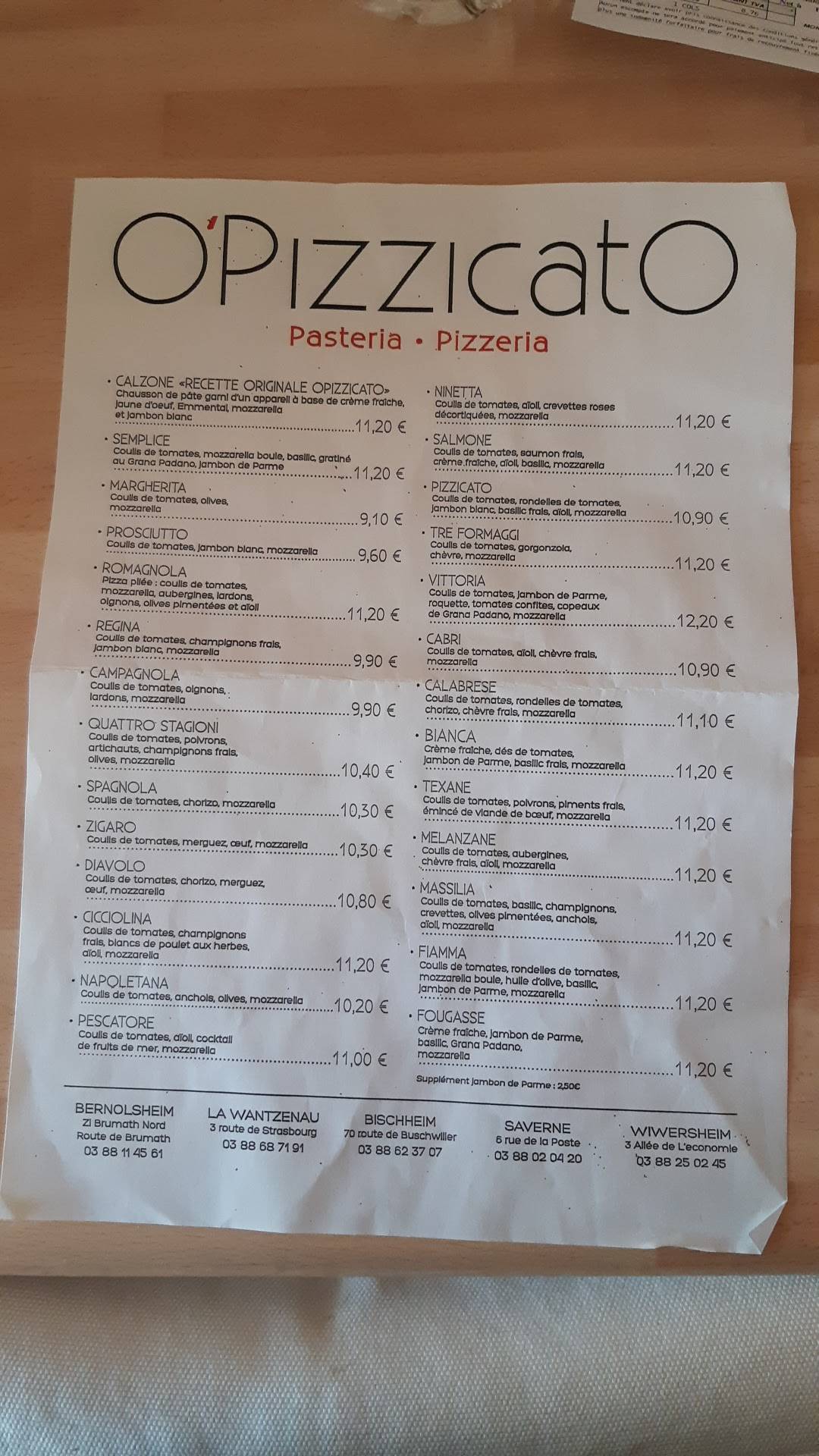Menu au O'Pizzicato Wiwersheim restaurant, Wiwersheim