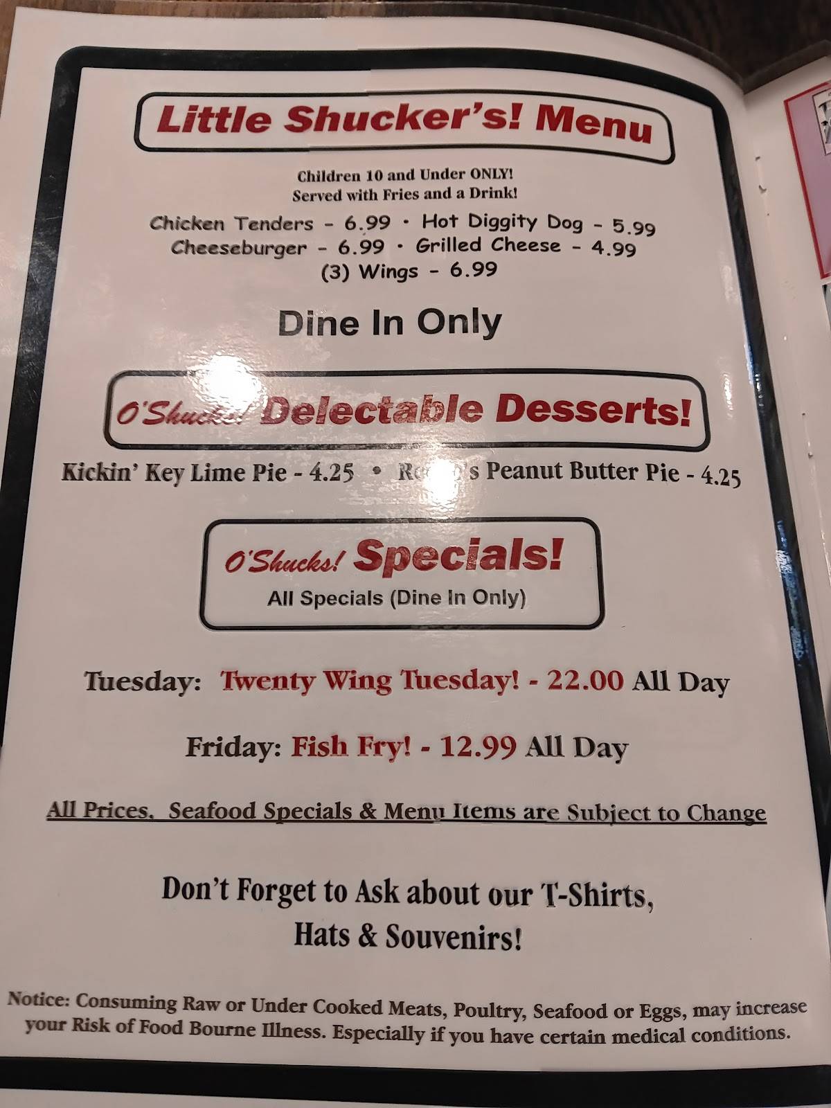 Menu at O'Shucks Oyster Bar & Grill, Wildwood