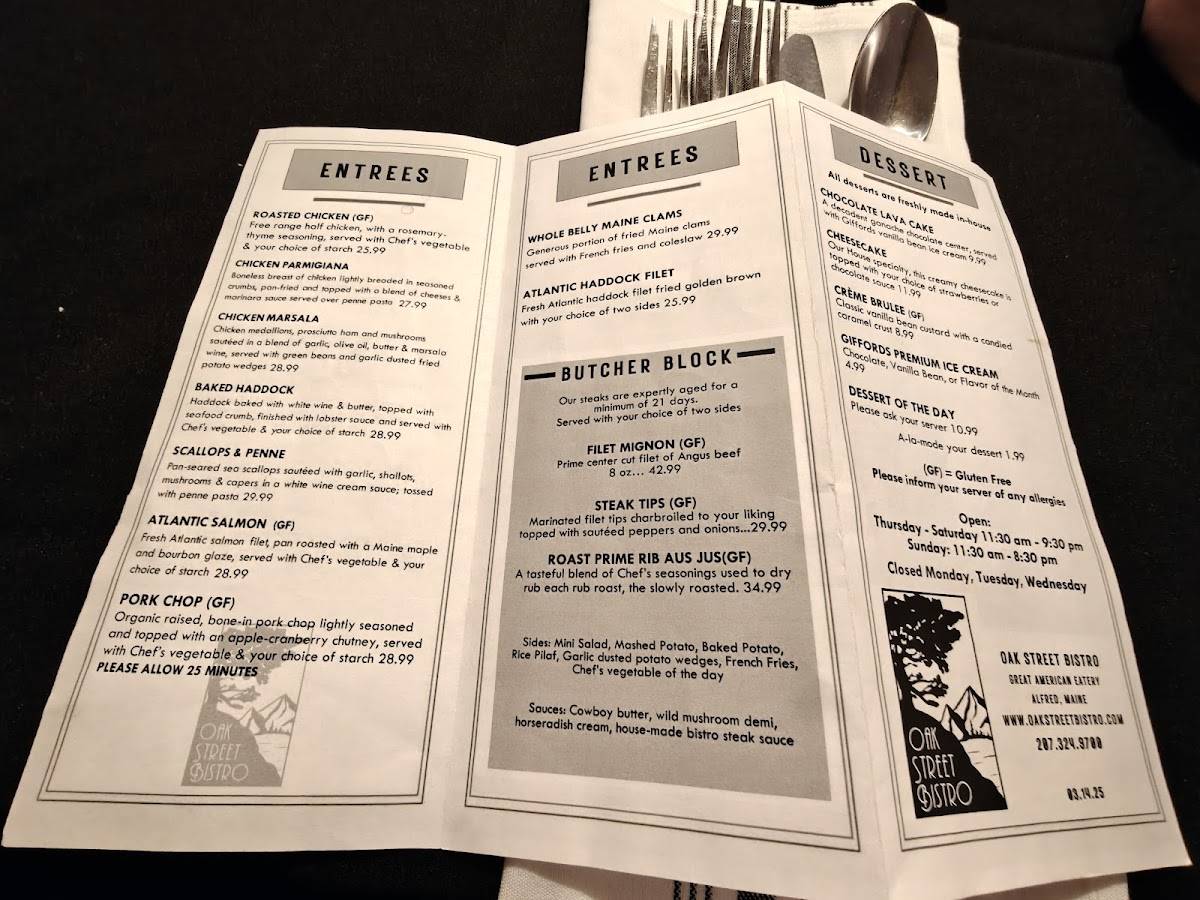 Menu at Oak Street Bistro restaurant, Alfred