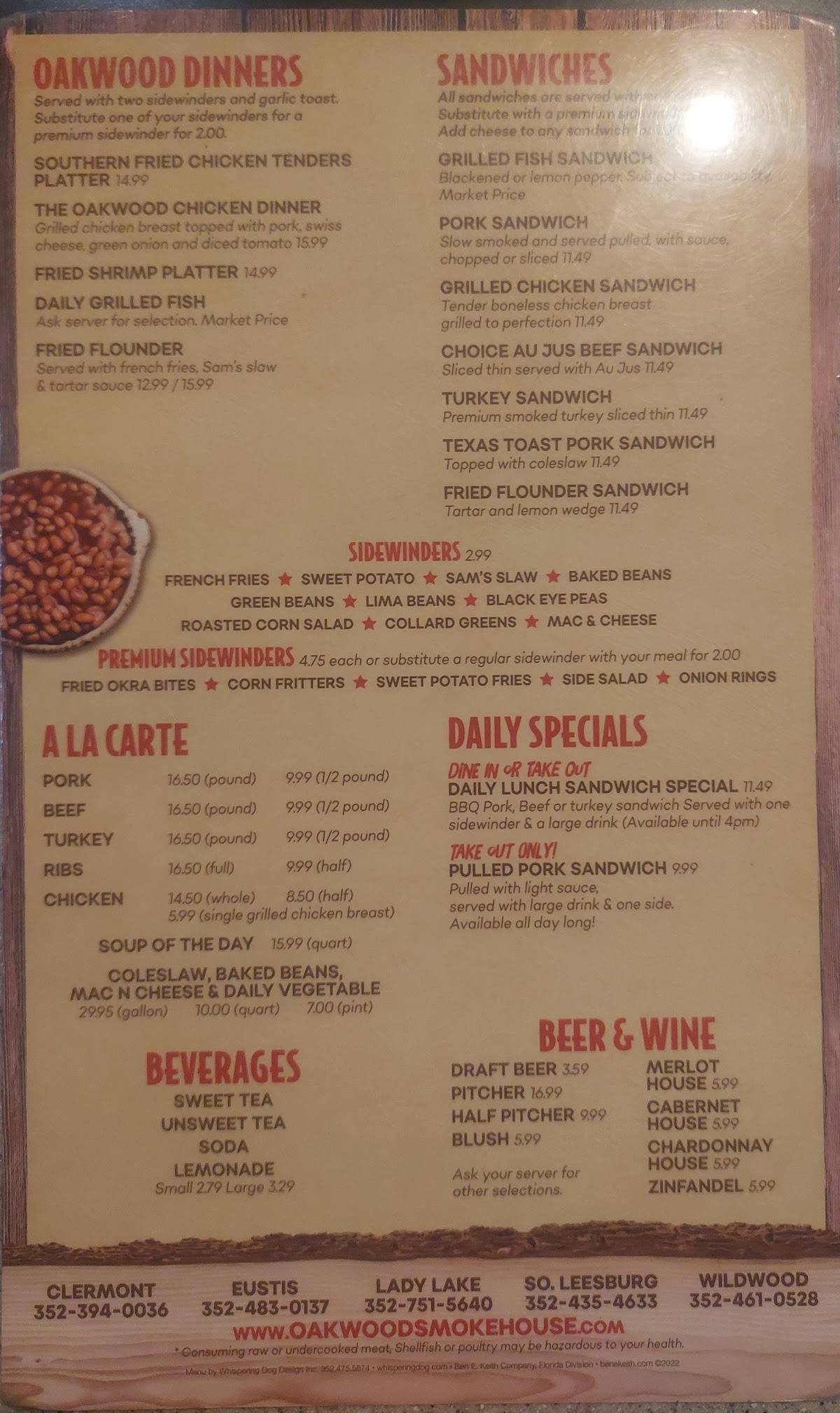 Menu at Oakwood Smokehouse BBQ, Lady Lake