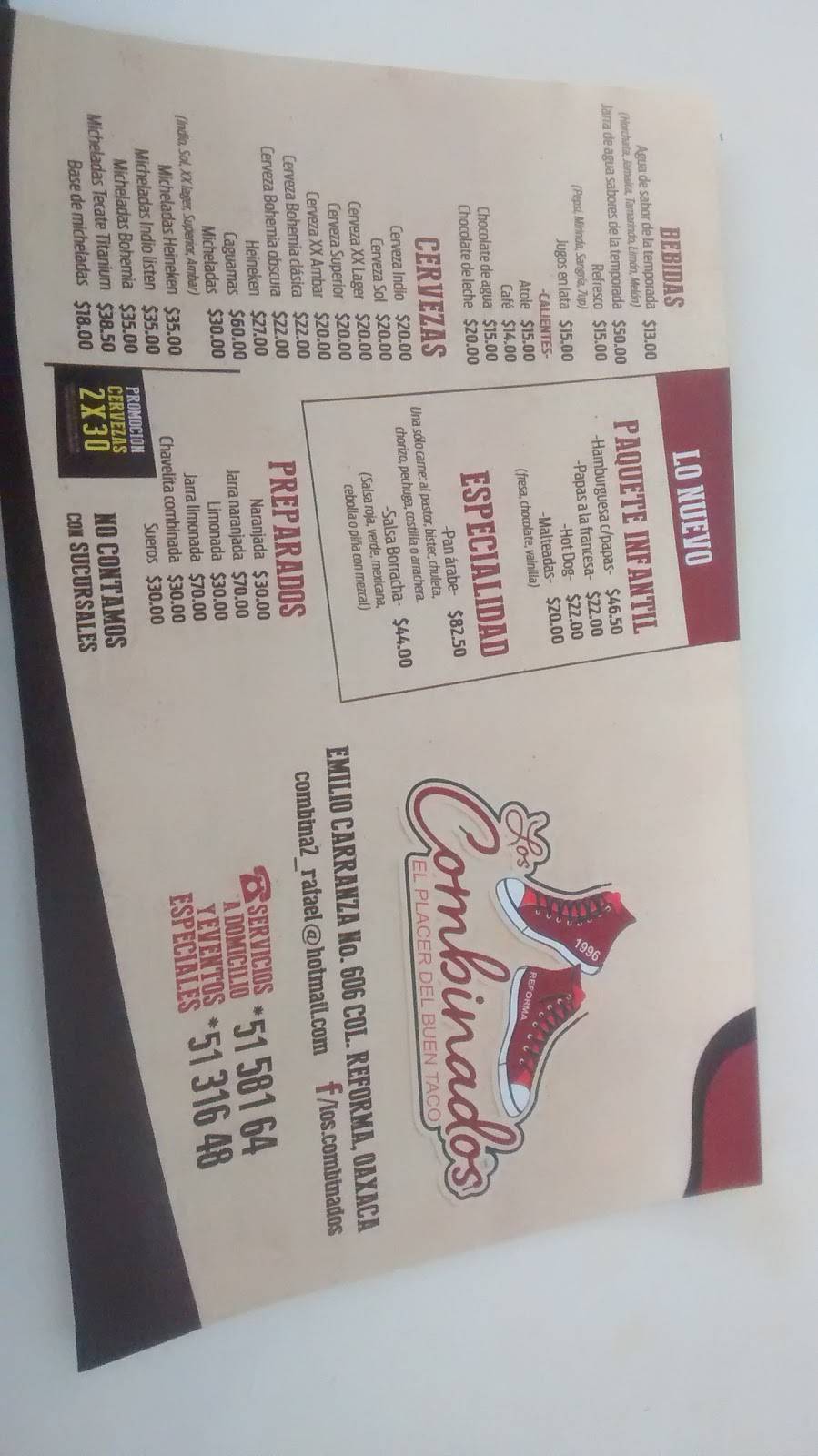 Carta del restaurante Taquería Los Combinados, Oaxaca, Emilio Carranza 606