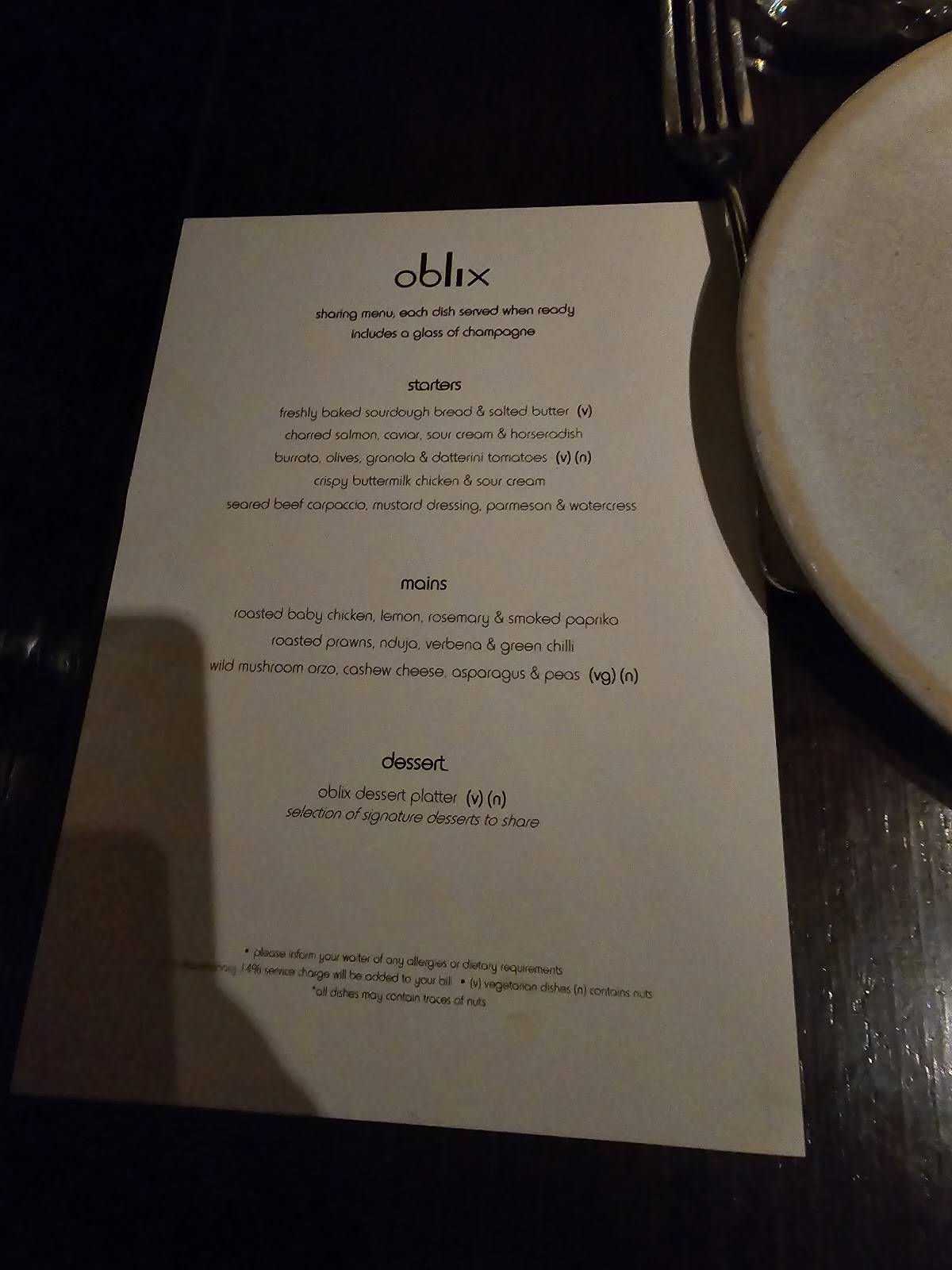Menu at Oblix restaurant, London