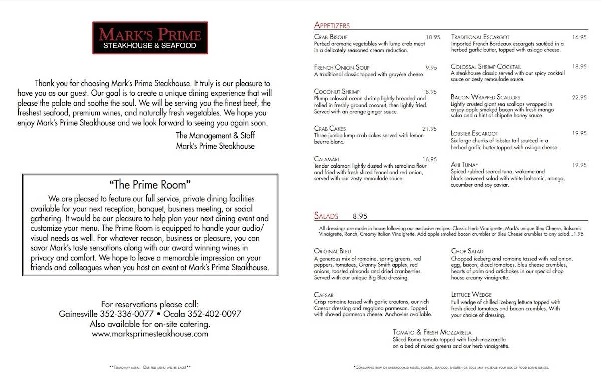 Menu at Mark's Prime Steakhouse, Ocala
