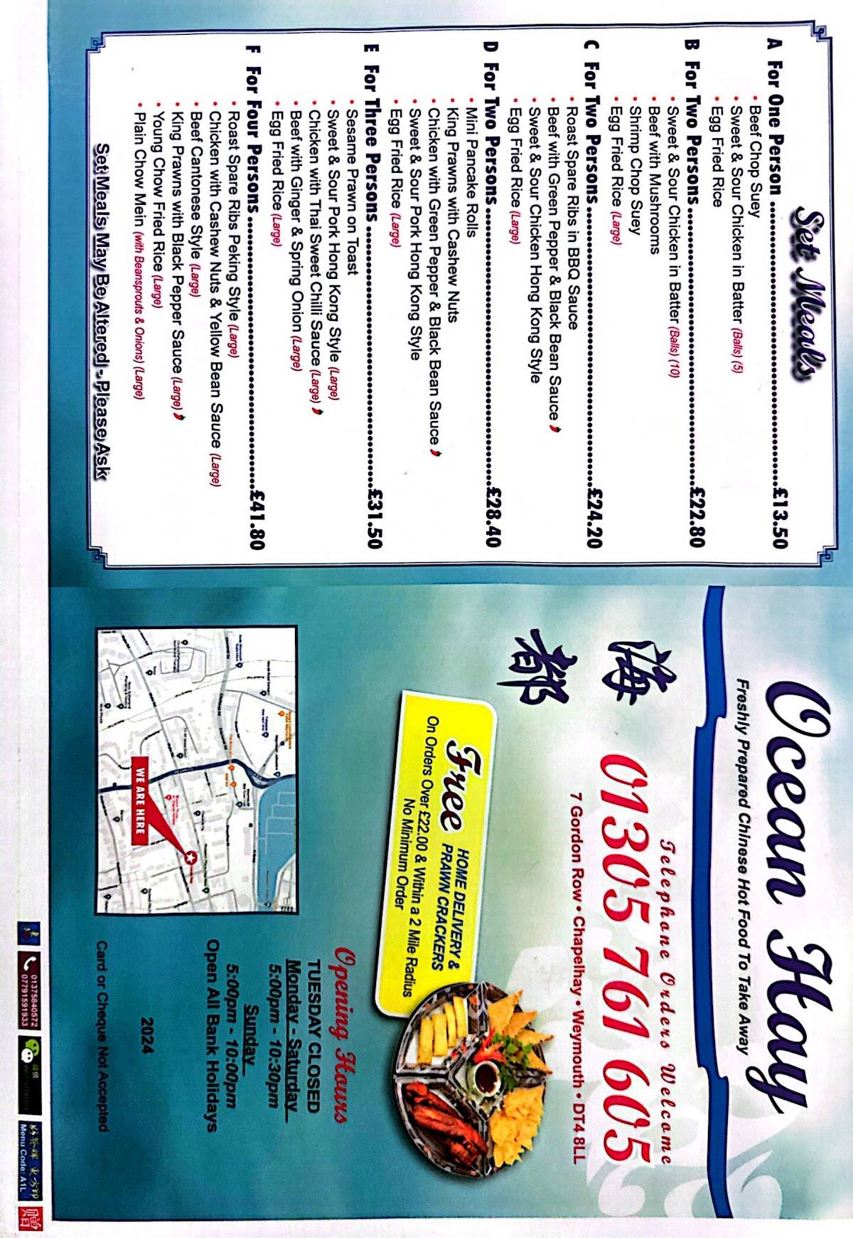 Menu at Ocean Hay fast food, Weymouth