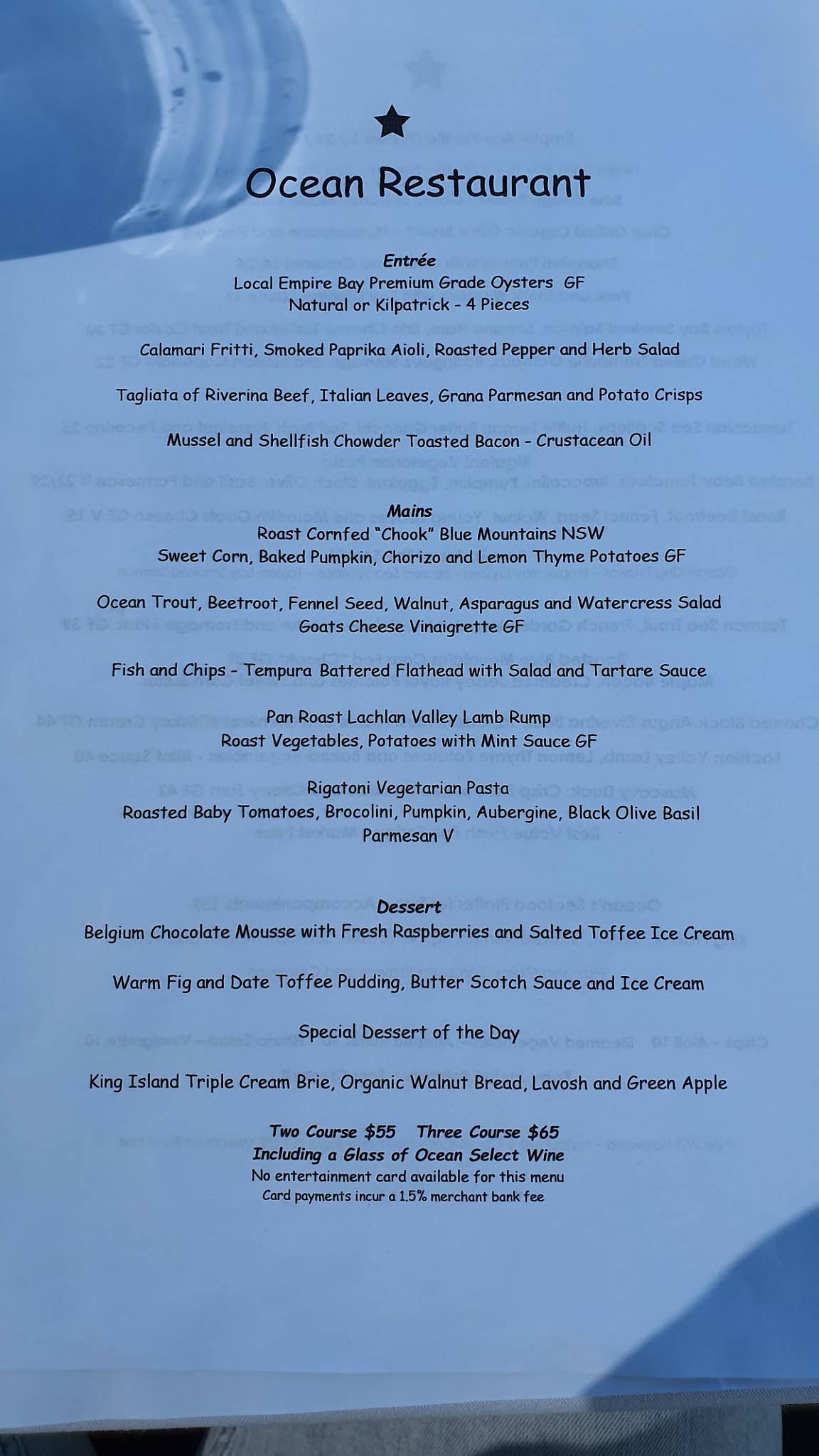 Menu at Ocean Restaurant and Bar - Blue Bay, Blue Bay