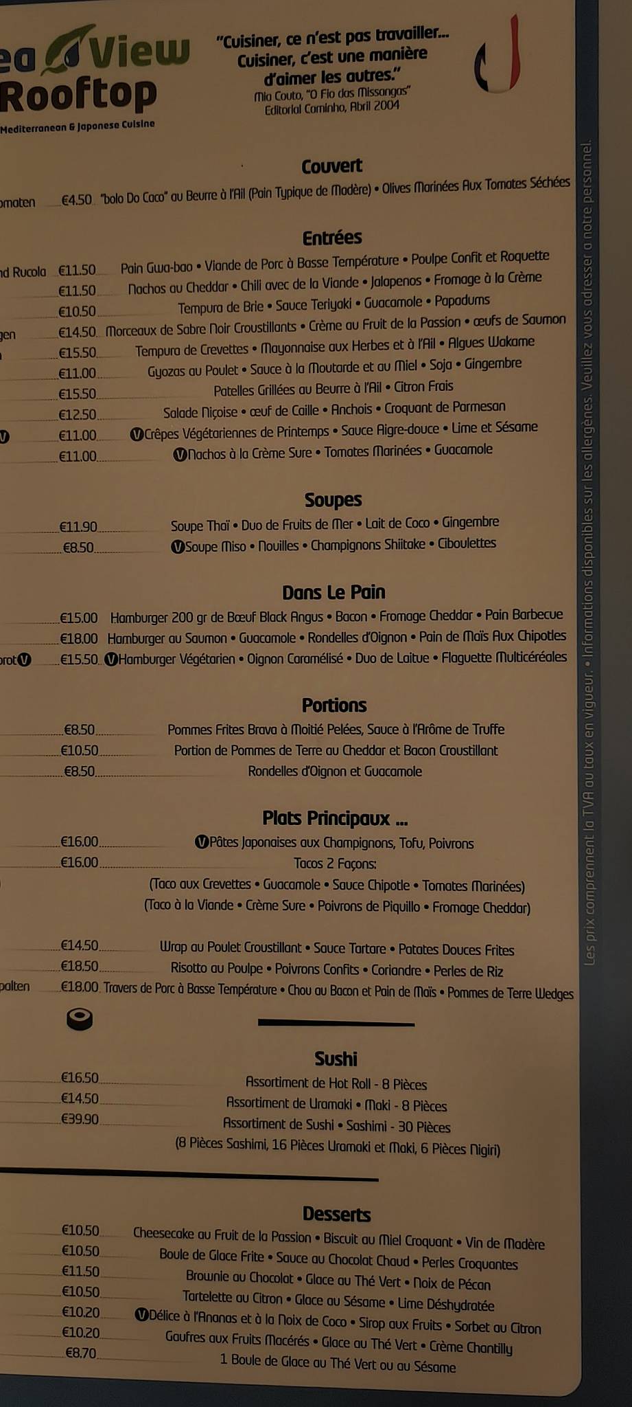Menu at Oceana Rooftop restaurant, Porto Moniz