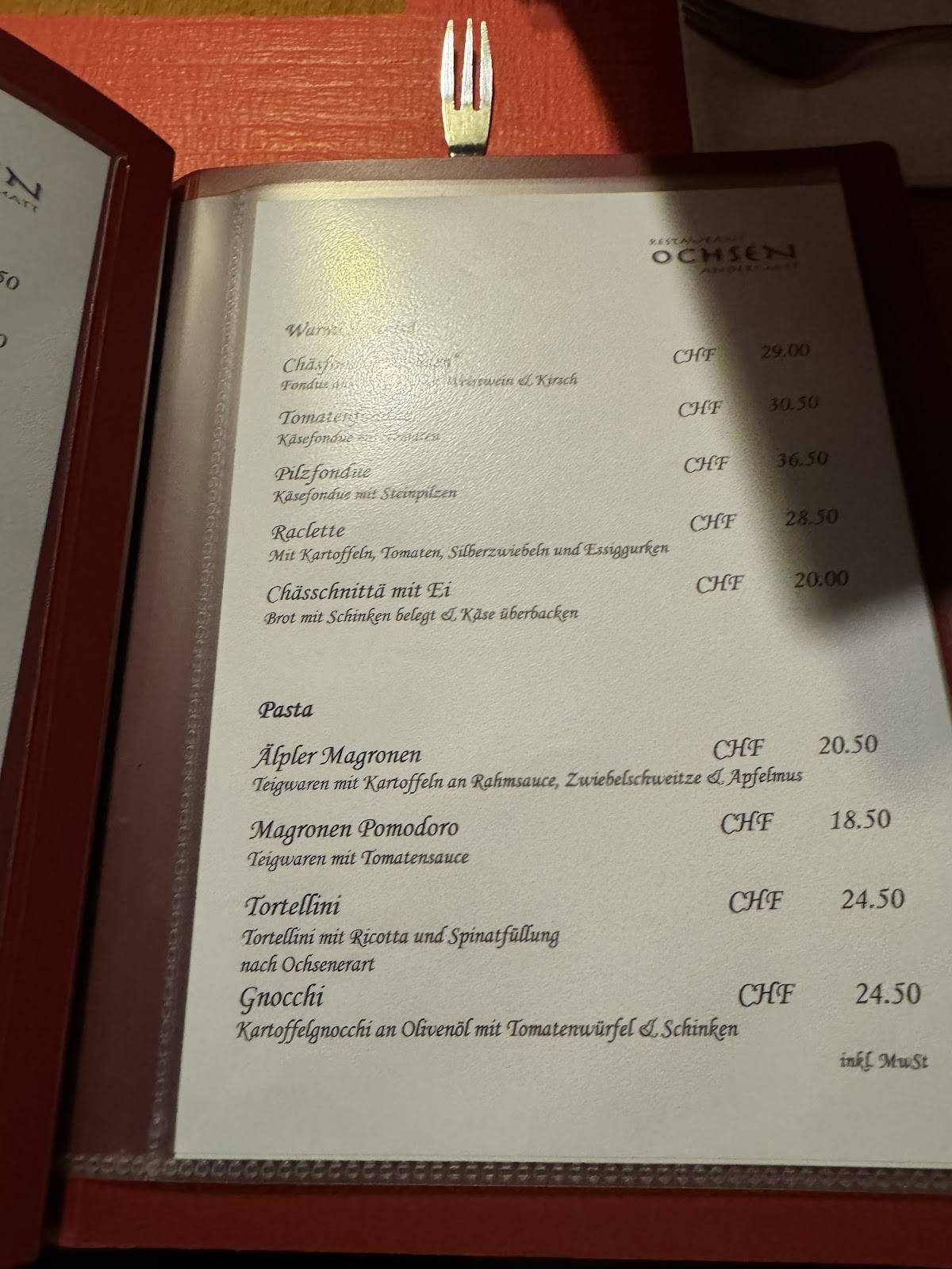 Menu at Ochsen, Andermatt