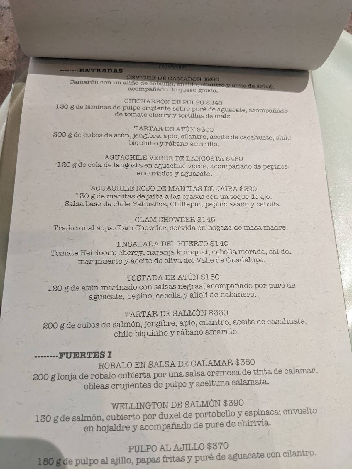 Carta de Octo Restaurante, Guadalajara