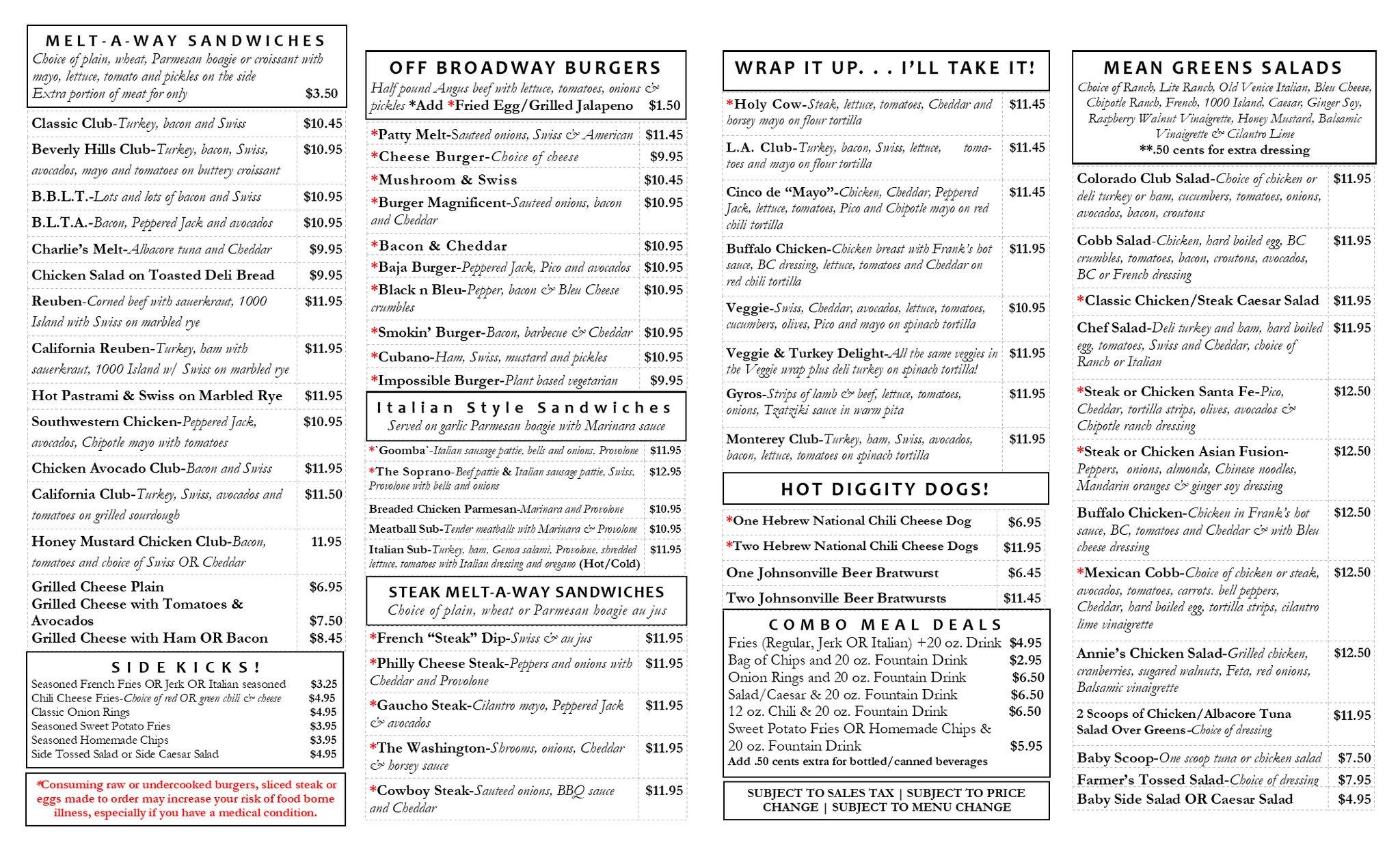 Menu at Off Broadway Cafe, Denver