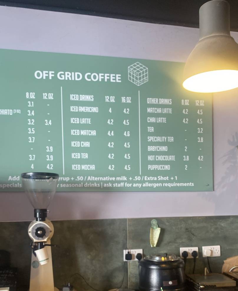 Menu at Off Grid Coffee restaurant, Dublin, 1a St Lawrence Rd