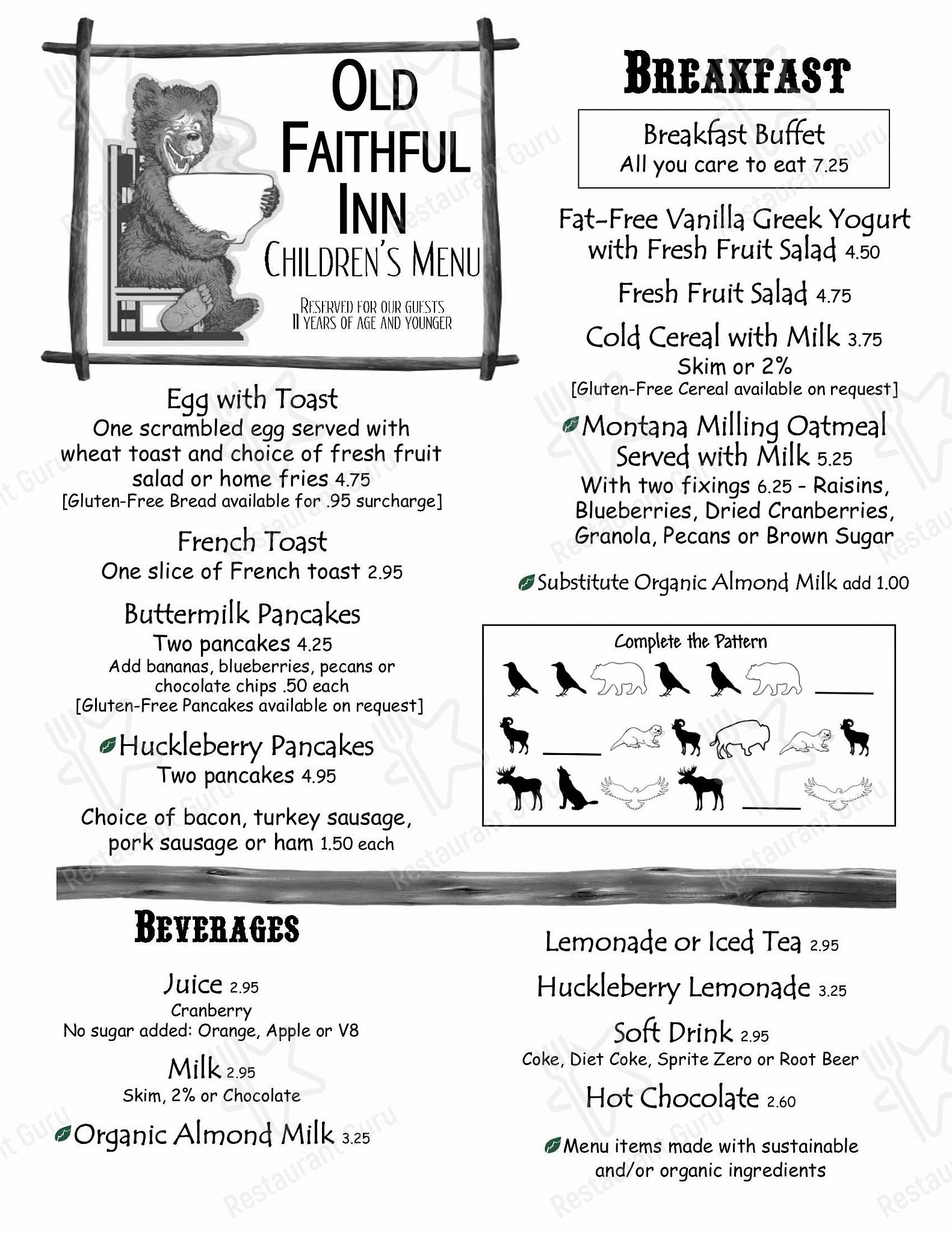 Menu at Old Faithful Inn Dining Room restaurant, USA, Old Faithful Rd