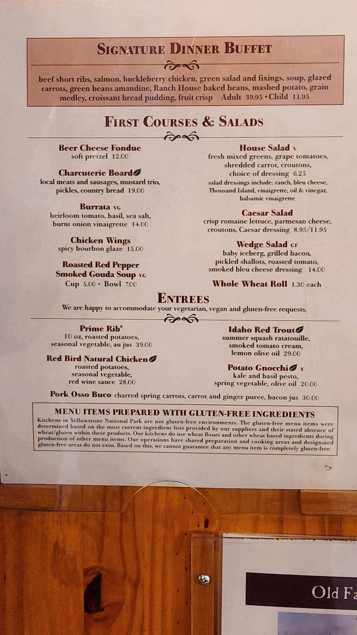 Menu at Old Faithful Inn Dining Room restaurant, USA, Old Faithful Rd
