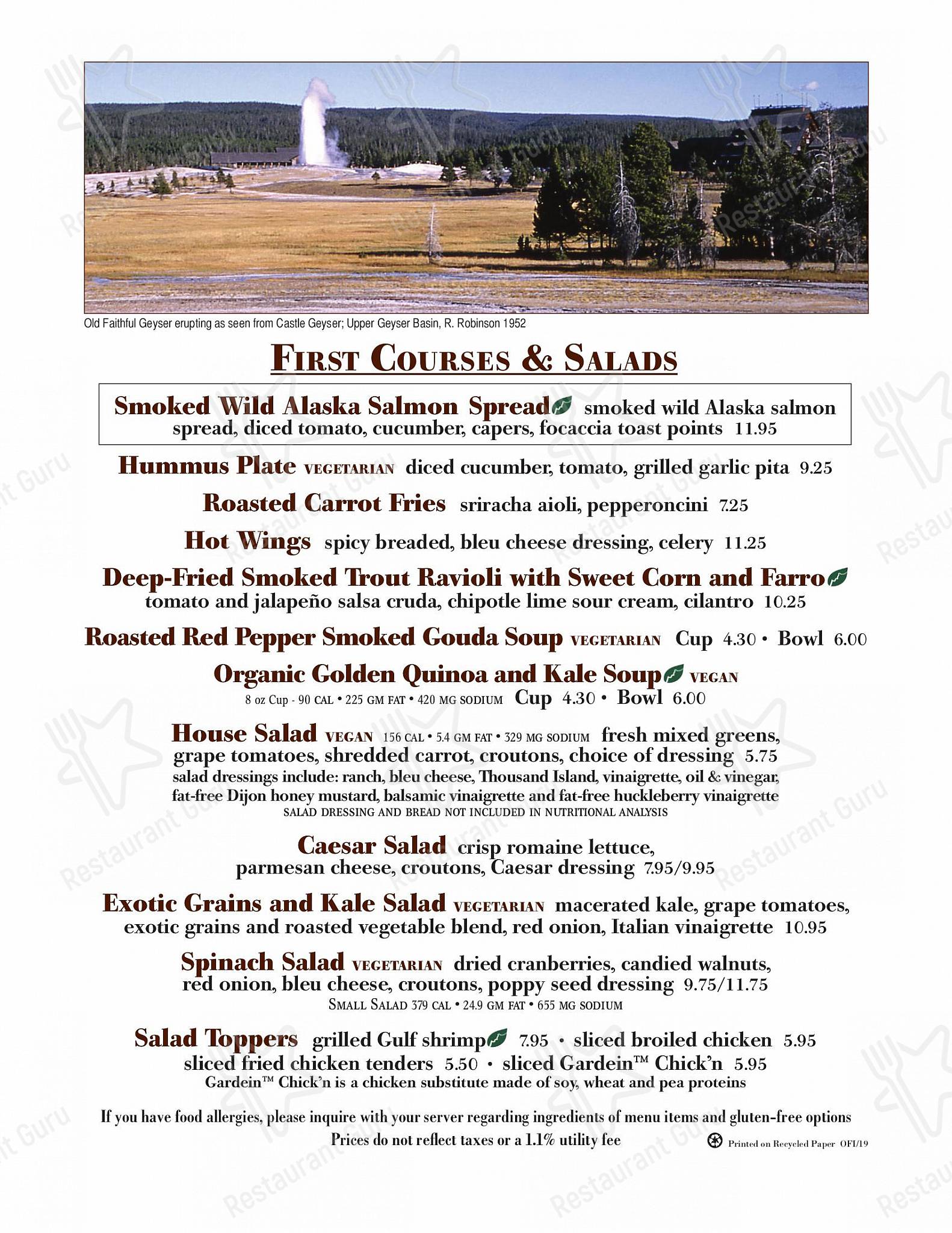 Menu at Old Faithful Inn Dining Room restaurant, USA, Old Faithful Rd