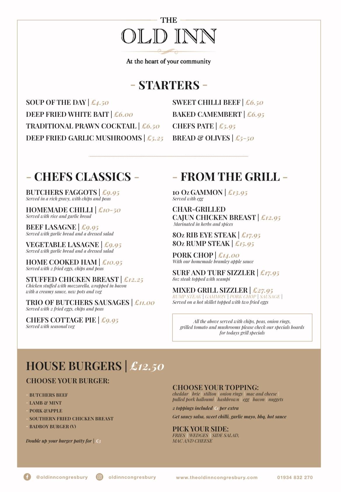 Menu at Old Inn pub & bar, Congresbury