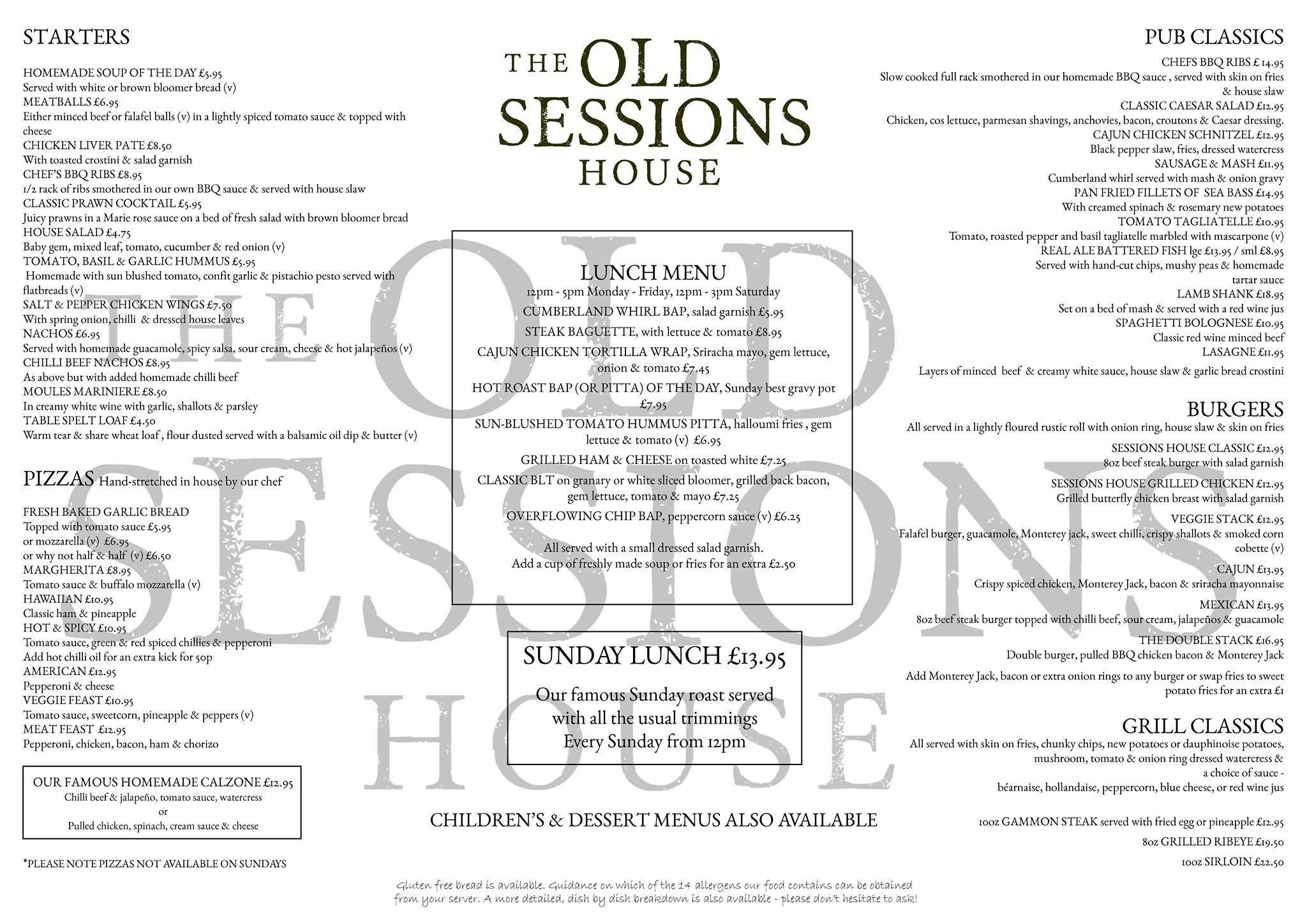 Menu at The Old Sessions House steakhouse, Knutsford