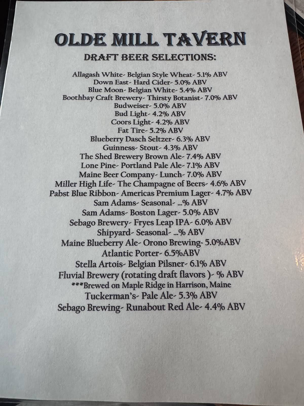 Menu at Olde Mill Tavern restaurant, Harrison