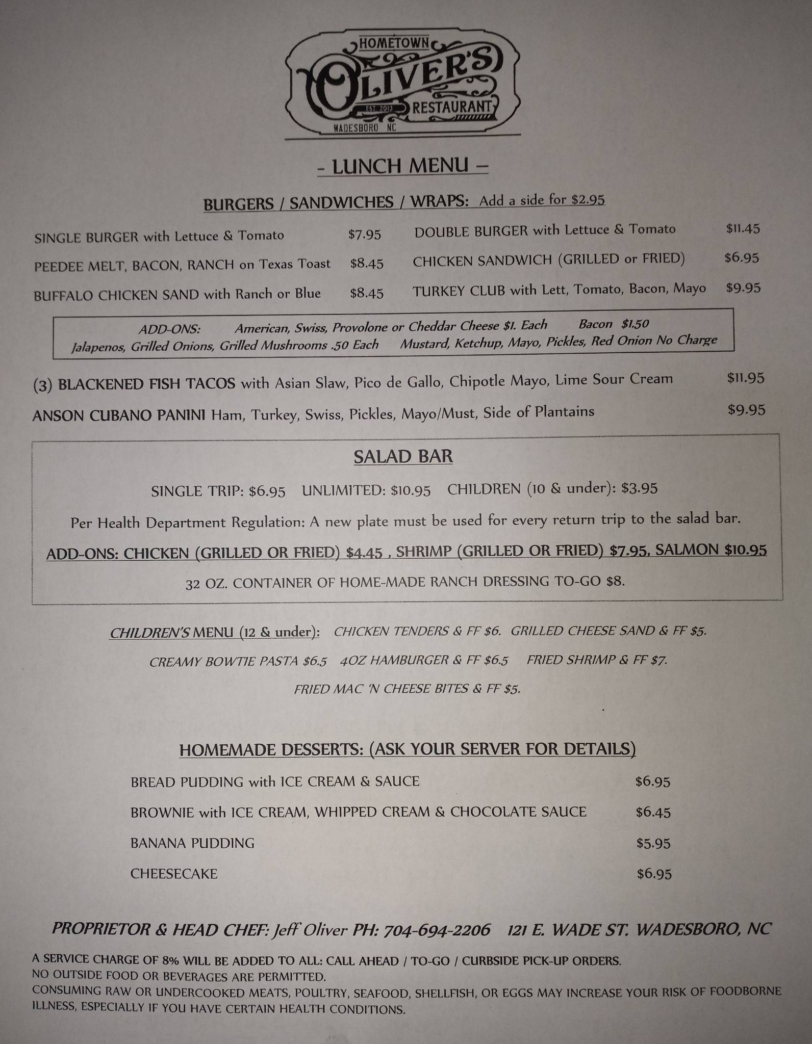 Menu at Oliver's Restaurant, Wadesboro