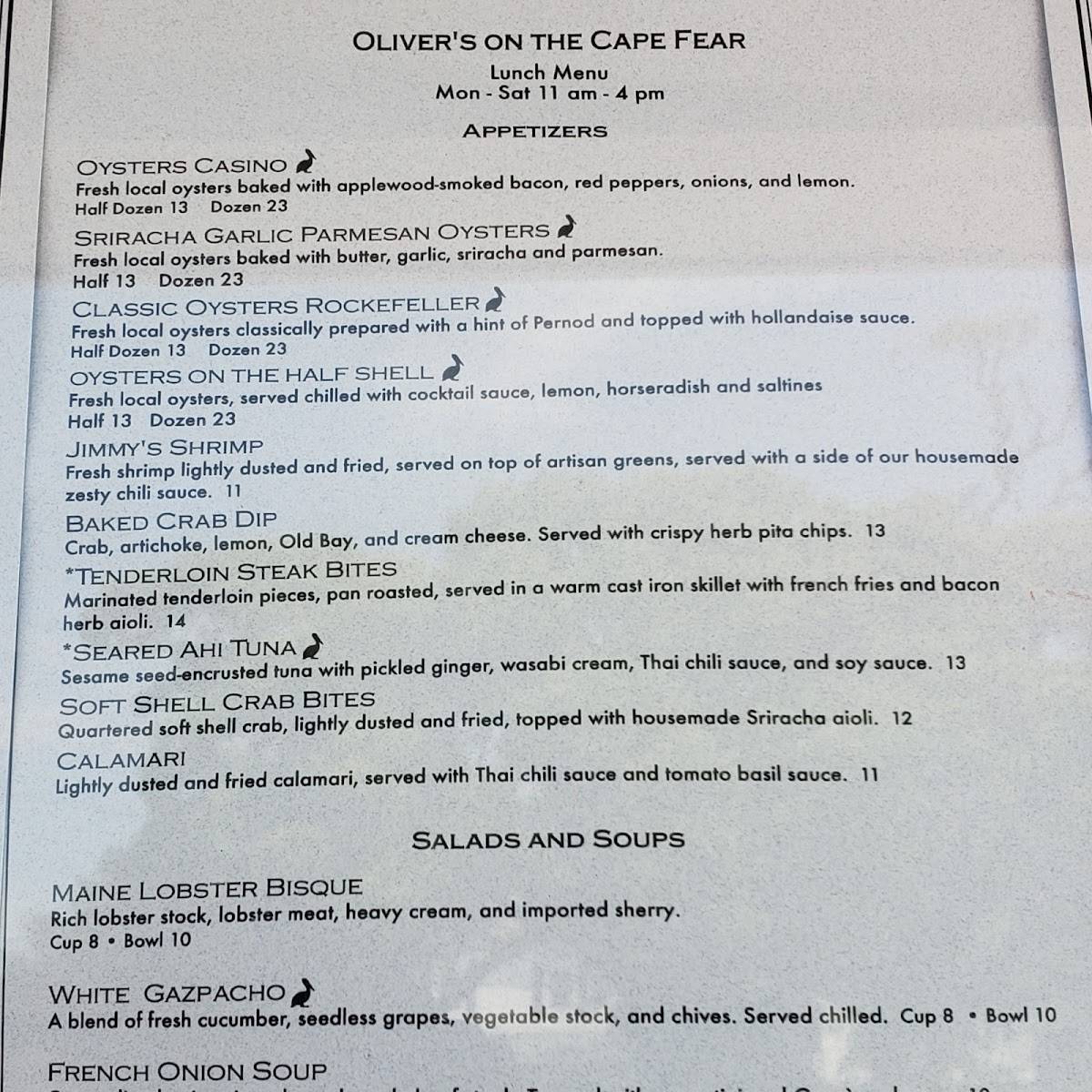 Menu at Oliver's on the Cape Fear restaurant, Southport