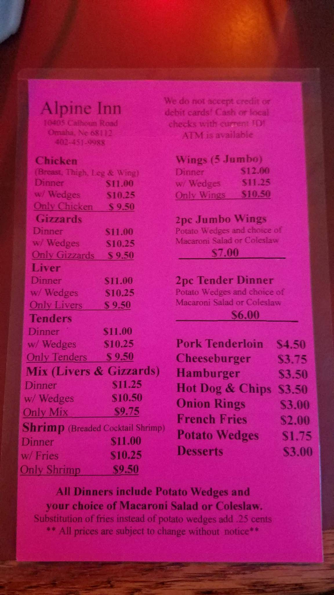 Menu at Alpine Inn pub & bar, Omaha