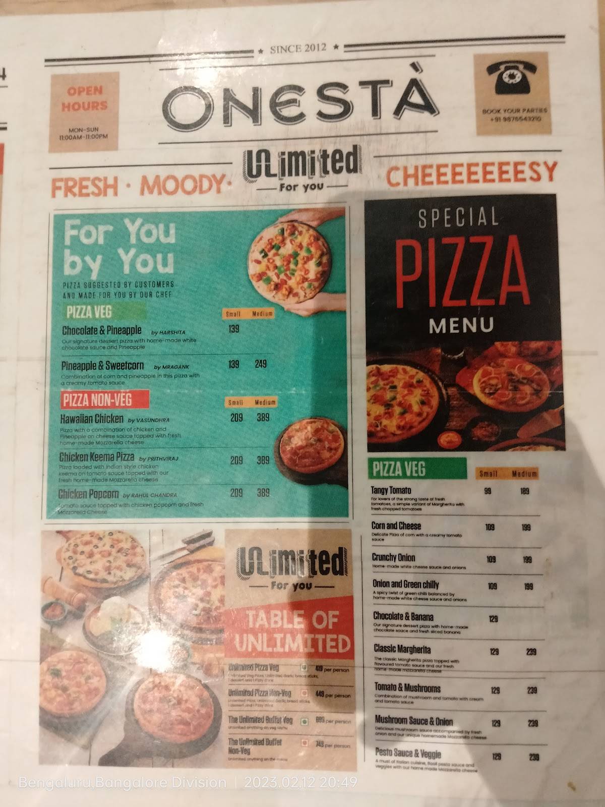 Menu at Onesta, Bengaluru, 91