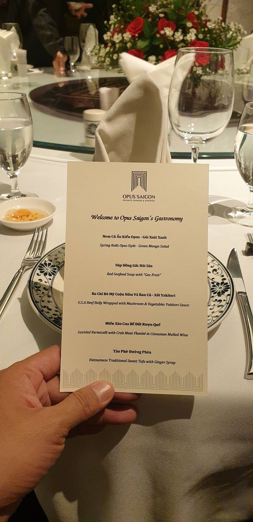 Menu at Opus Saigon restaurant, Ho Chi Minh City