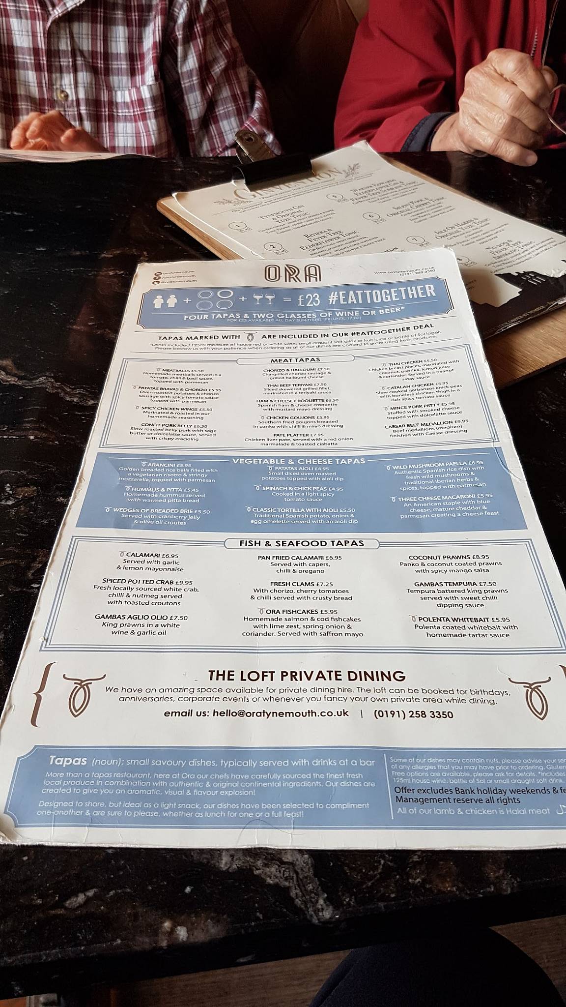 Menu at The Cove restaurant, Tynemouth