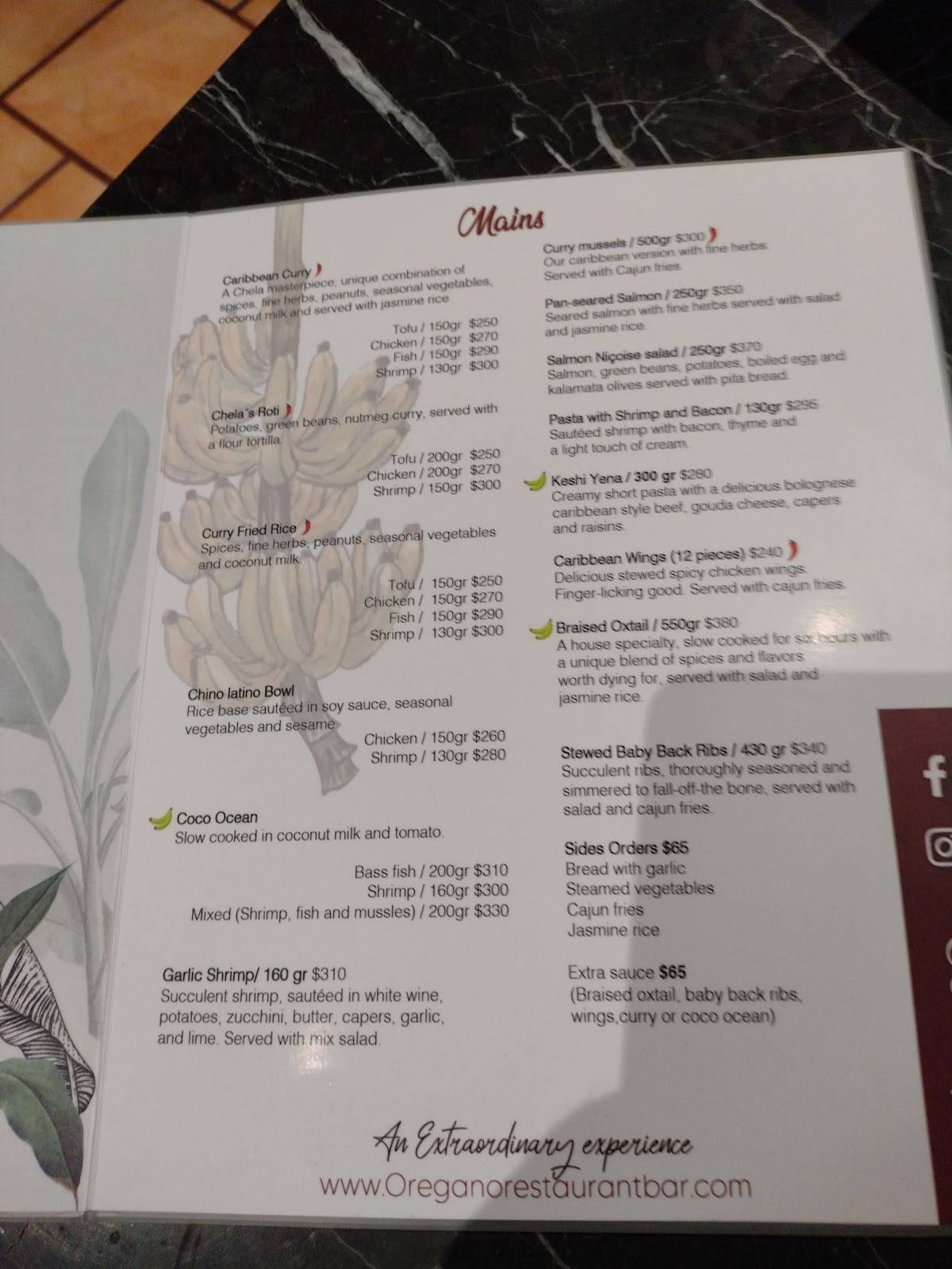 Menu at Oregano Caribbean Cuisine restaurant, Puerto Vallarta