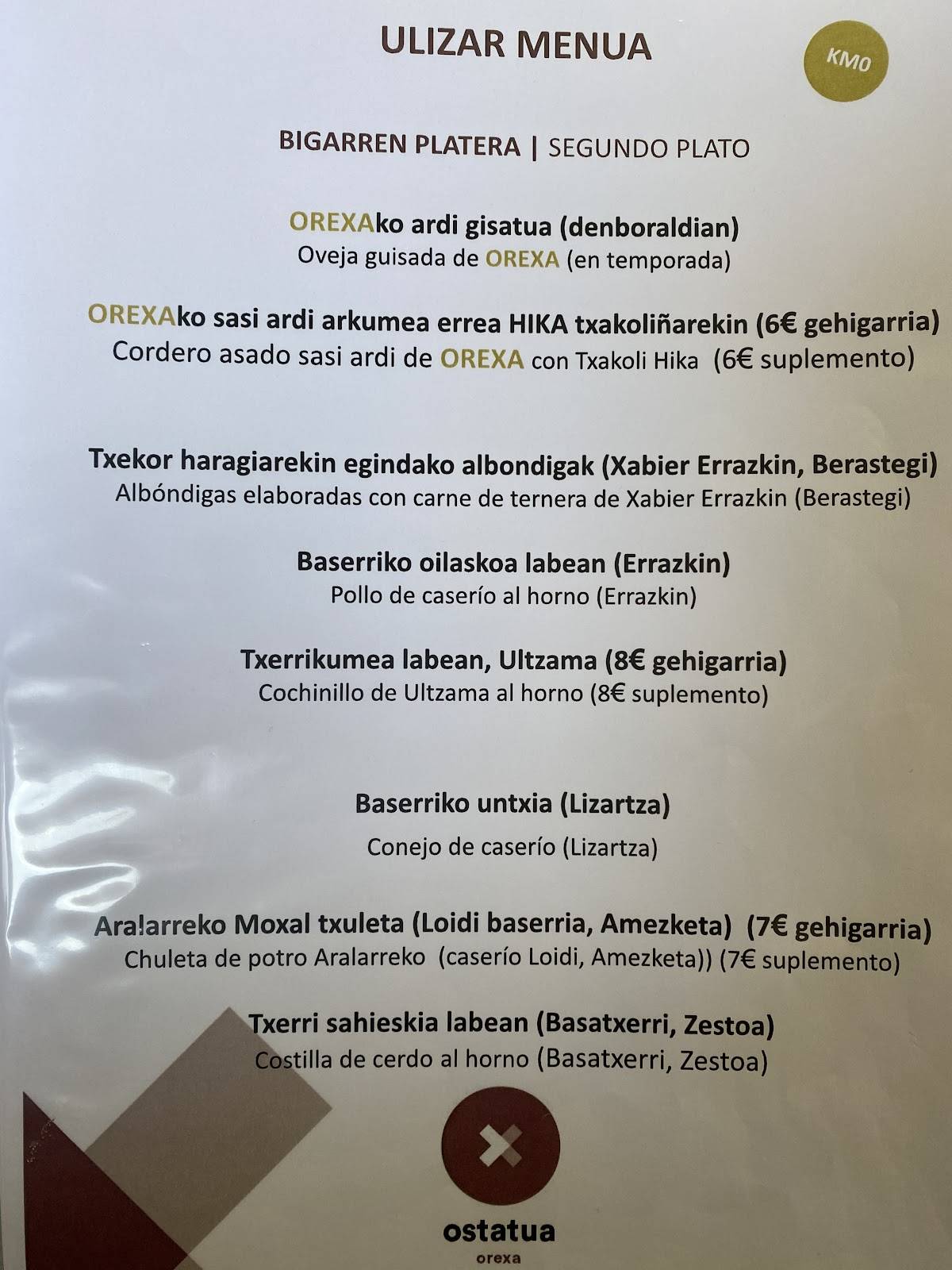 Carta del restaurante Orexako Ostatua, Oreja