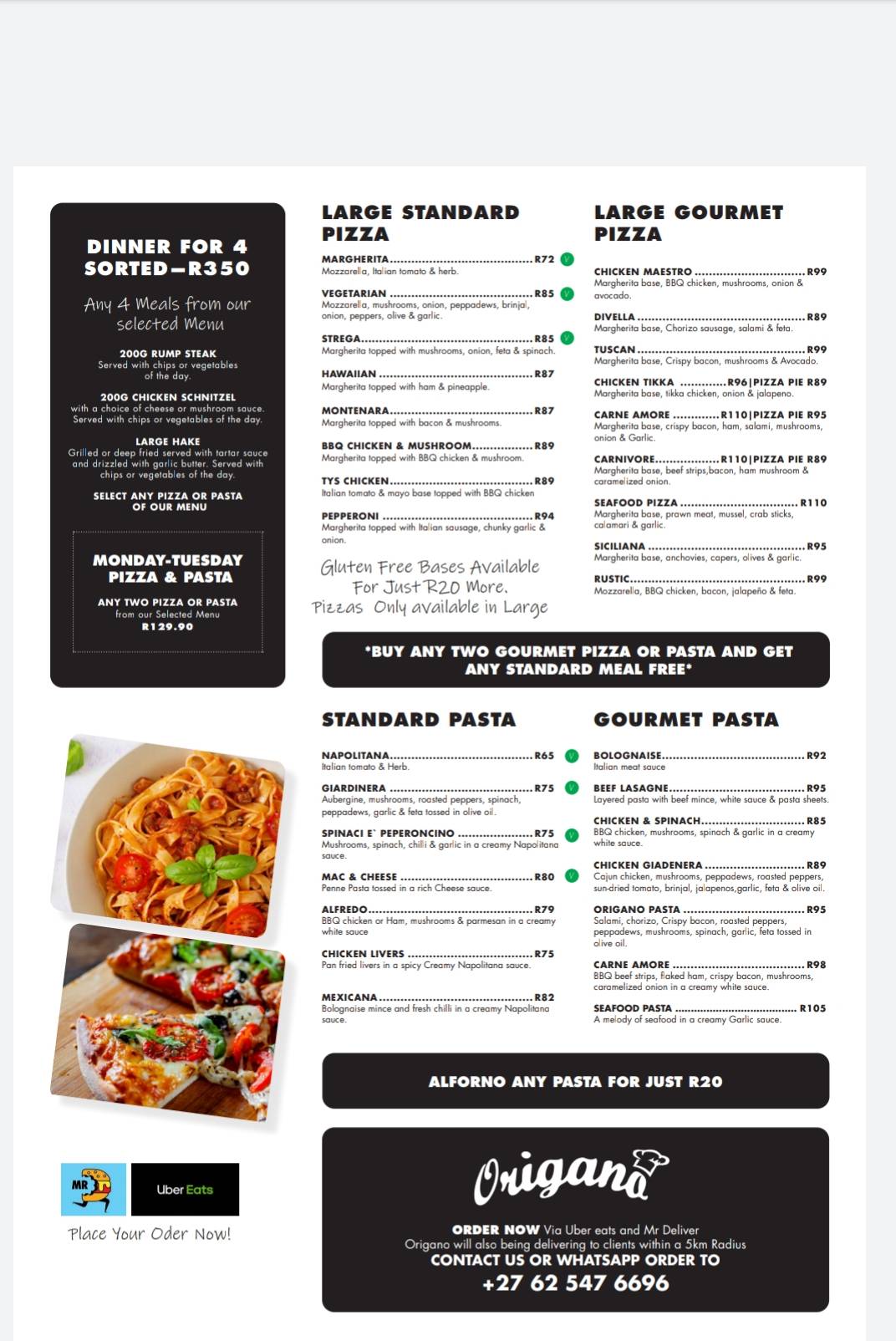 Menu at Origano Glenwood restaurant, Berea