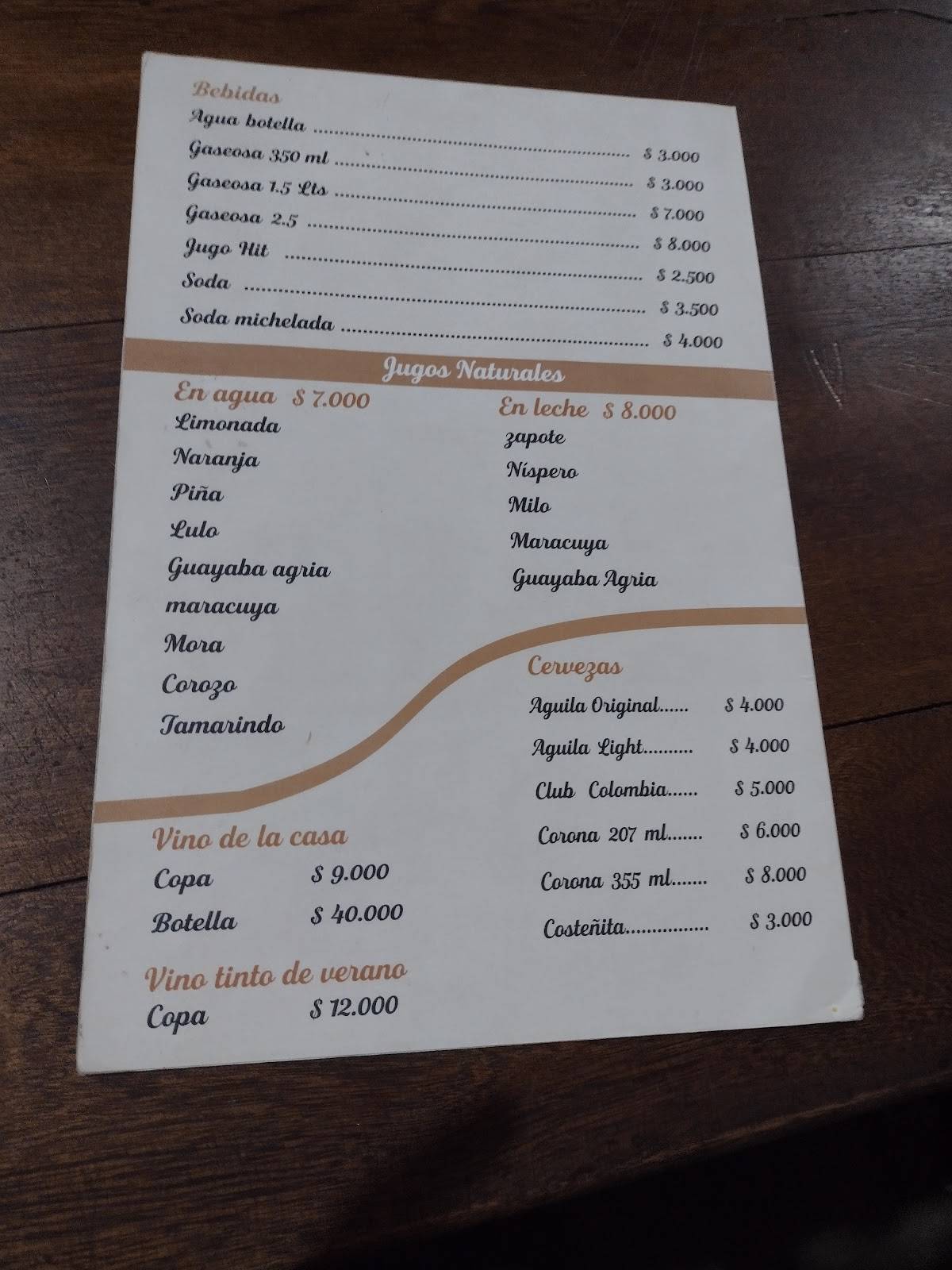 Menu at Original Gran Chorizo restaurant, Colombia