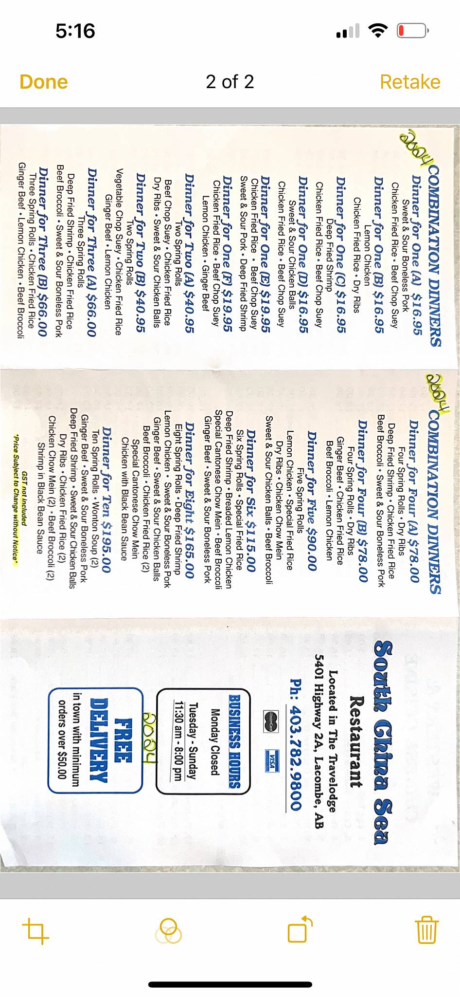 Menu at Original South China Sea Restaurant, Lacombe, Highway St